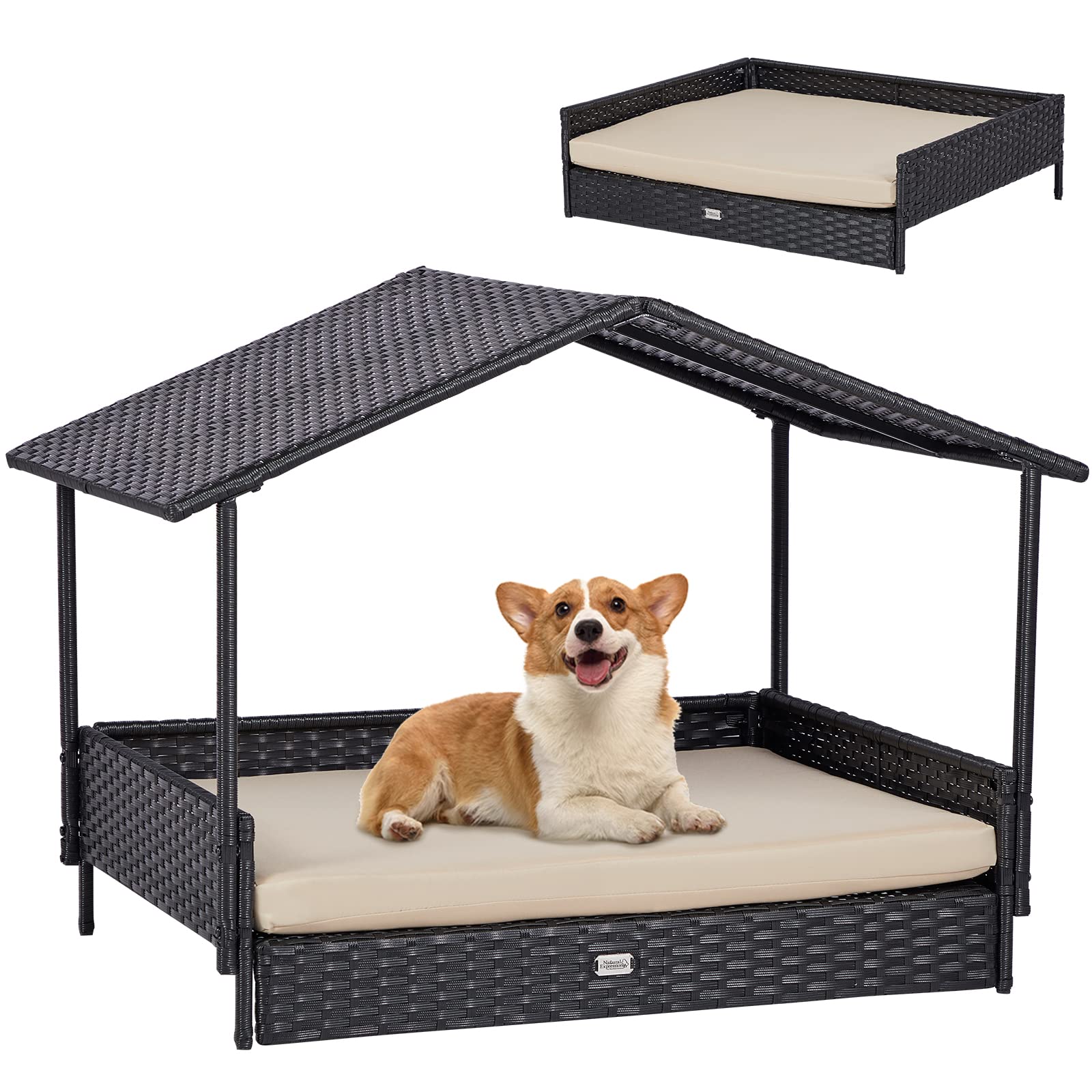 NATURAL EXPRESSIONS 2-in-1 Wicker Dog House,Elevated Dog Bed for Indoor ...