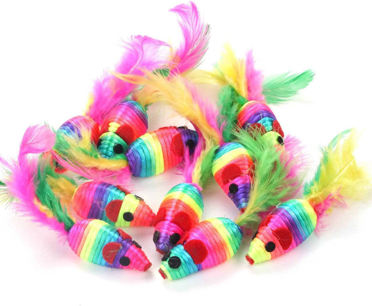 CHIWAVA 24PCS 5″ Rattle Cat Toys Mice with Feather Rainbow Rope Mouse ...