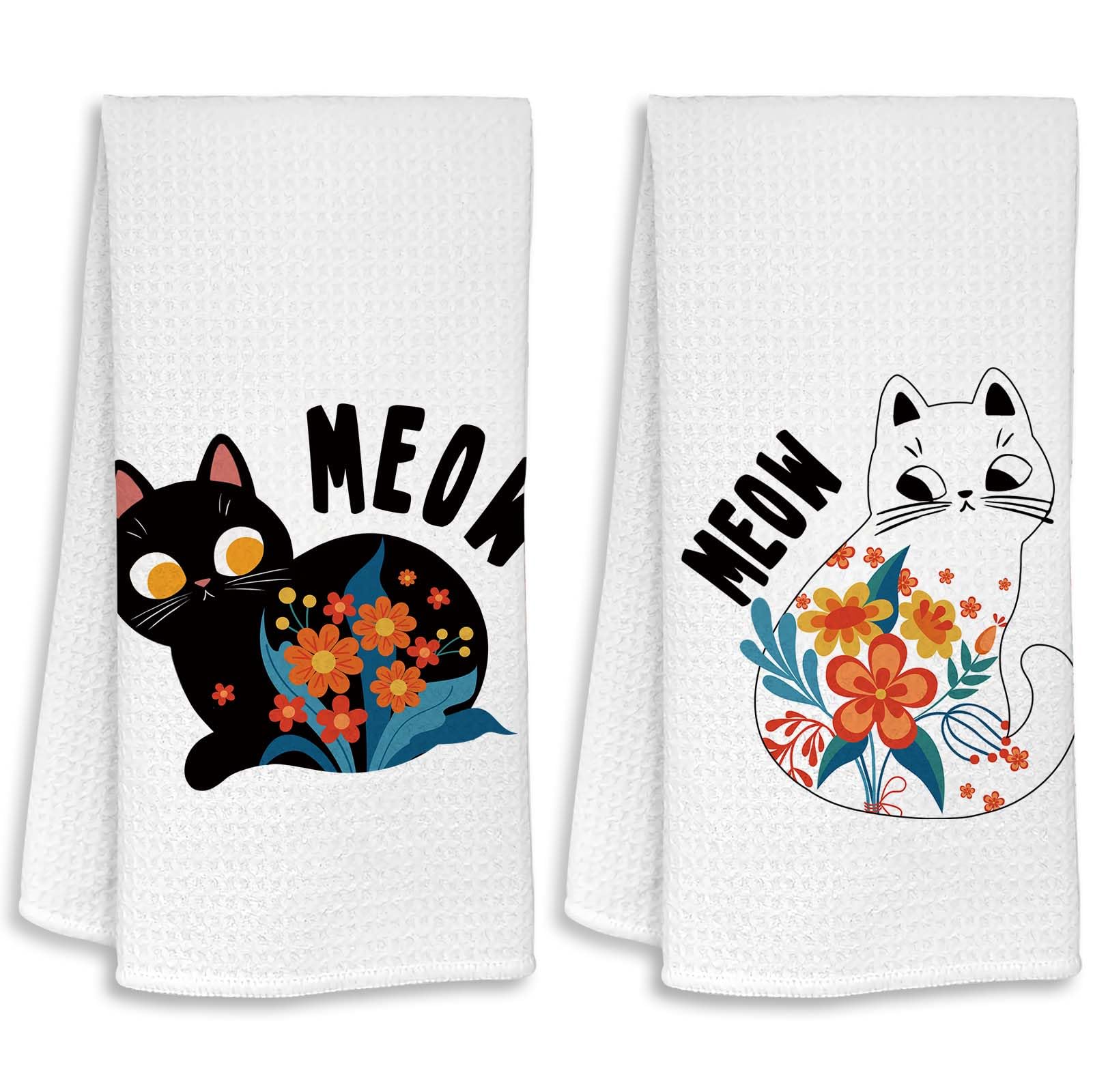 TAGDANK Cute Cat Kitchen Dish Towels Set of 2 Black and White Cat ...