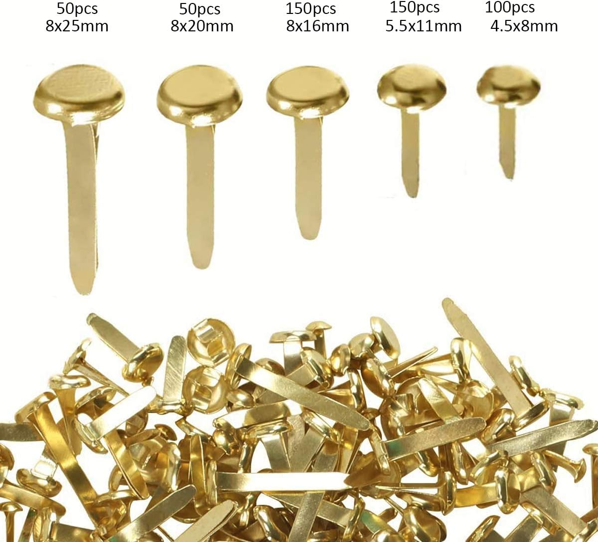 500 Pieces Split Pins Paper Fasteners Assorted Sizes Round Brass Plated Fasteners Gold Craft ...