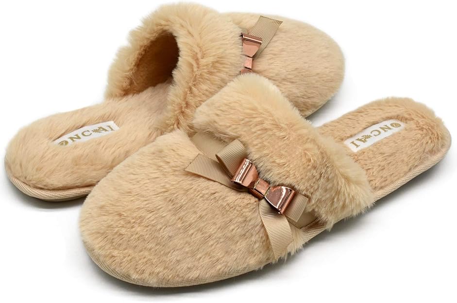 ONCAI Womens Slippers Memory Foam Fuzzy Furry House Ladies Slippers Anti-Slip Cozy Warm Faux Fur ...
