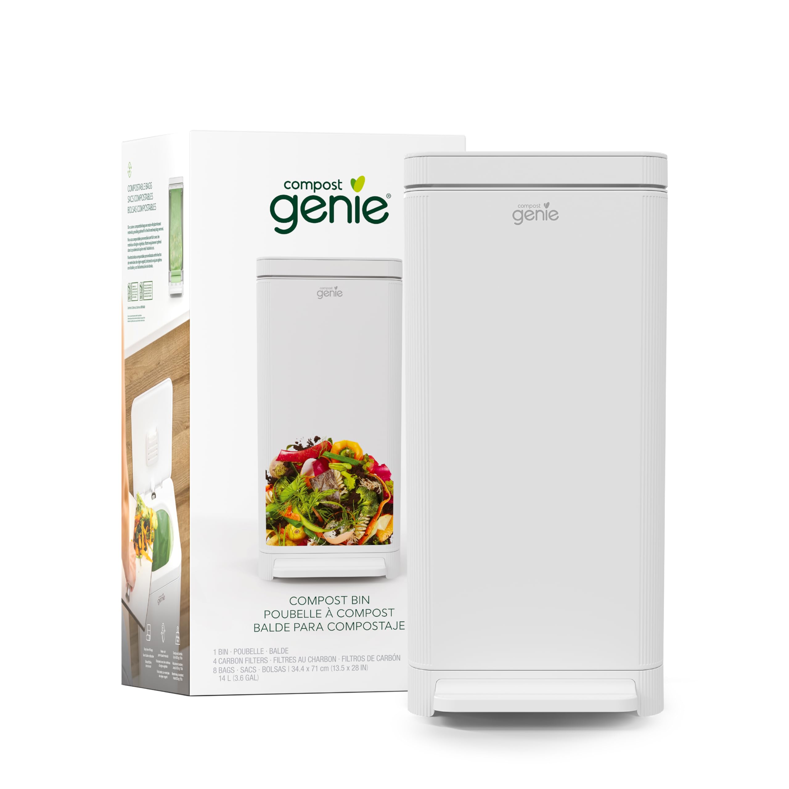 Compost Genie Kitchen Compost Bin, White Stainless-Steel Large, 3.6 ...