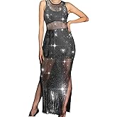 Fstrend Women Rhinestone Mesh Dress Black Sparkly Crystal Cover Up Long ...
