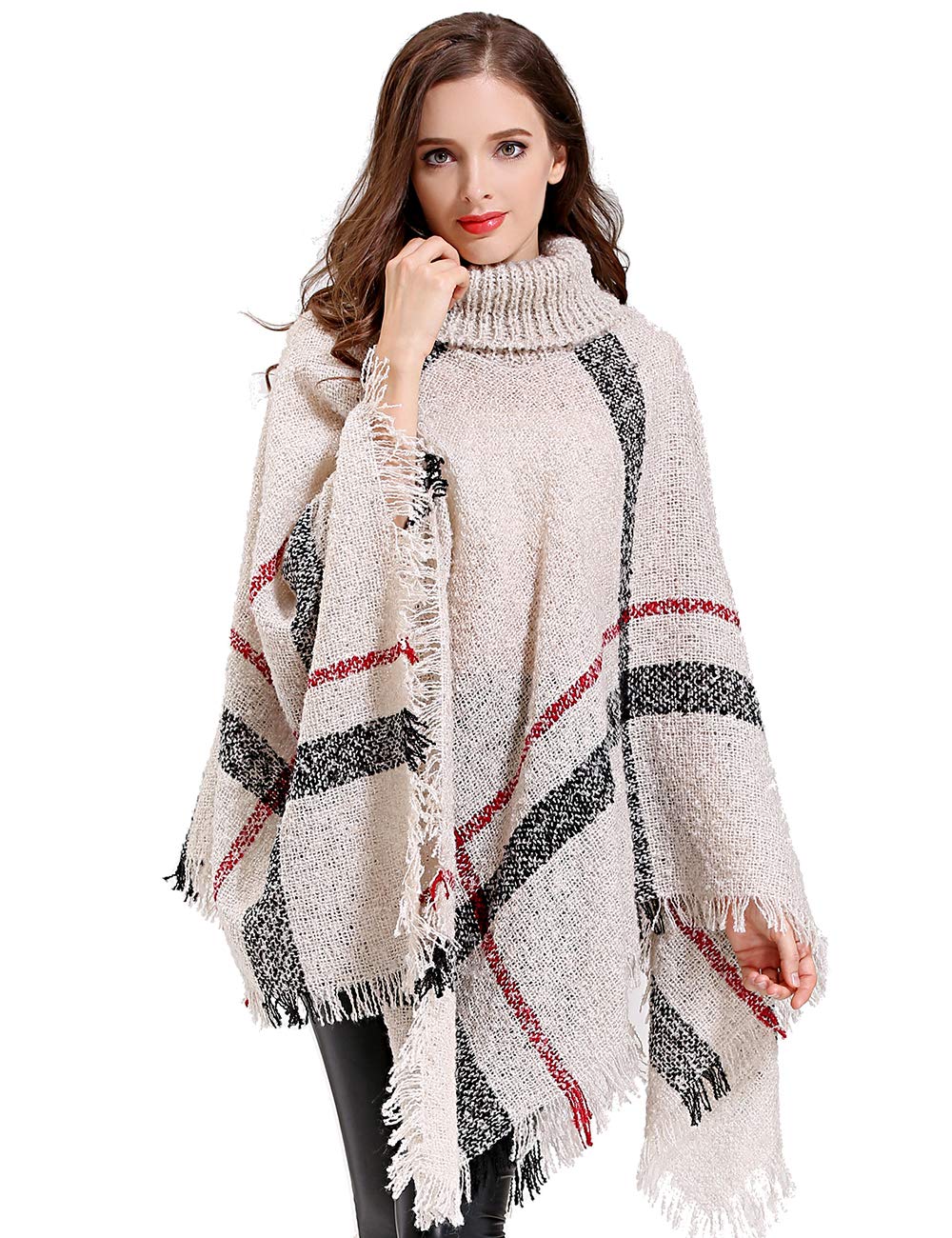 HITOP Womens Dress Ponchos, Boho Loose Tassel Plaid Poncho Turtleneck ...