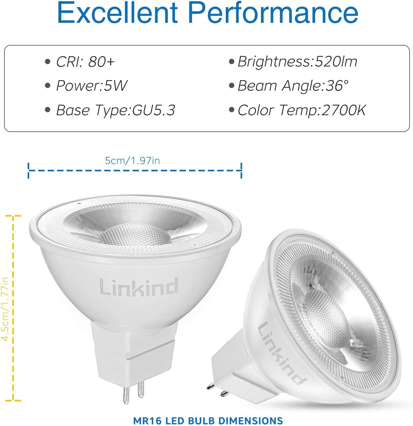 Linkind GU5.3 MR16 LED Bulbs, 12V AC/DC 5W(Equivalent to 50W) Bi-Pin Base Spotlight Bulb, 520LM ...