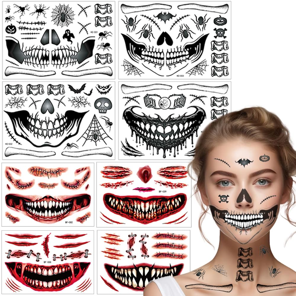 Halloween Makeup Temporary Halloween Tattoos Stickers Prank Chucky Witch Fake Face Decals Zombie ...