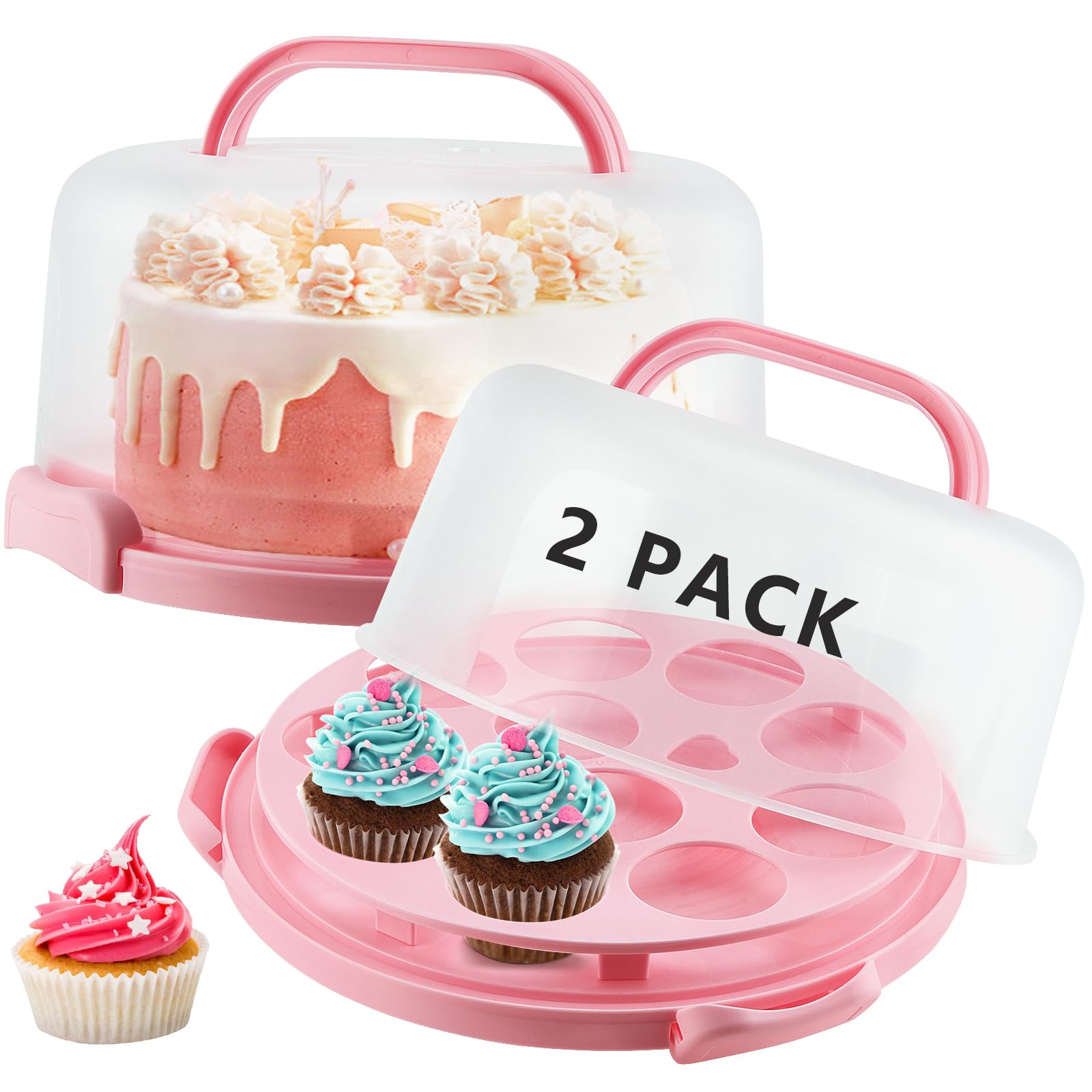 HEIHAK 2 Pack Cake Carrier with Lid and Collapsible Handle, Portable ...