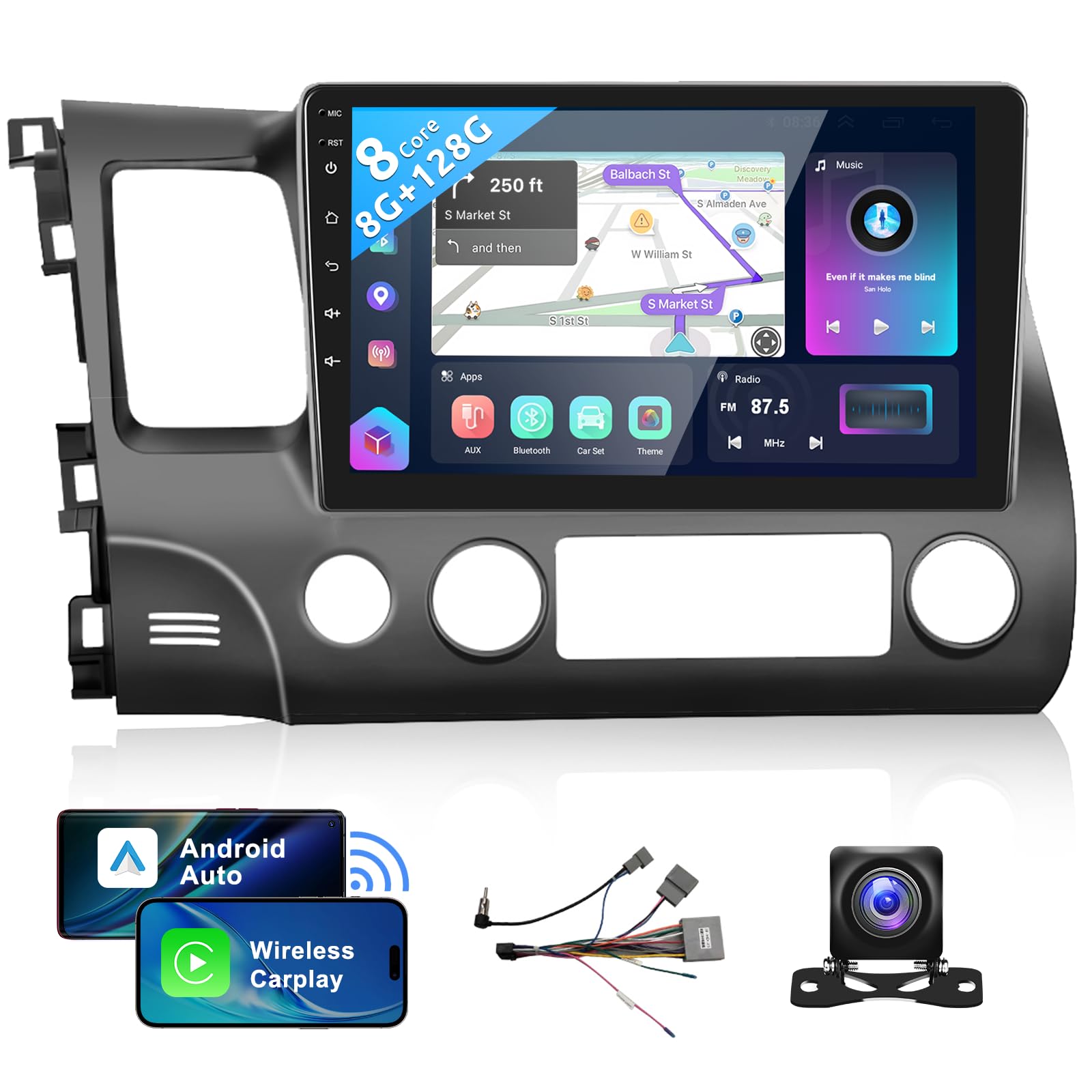 Podofo 8 Core 8+128G Android Car Radio Stereo for Honda Civic 2006-2011 with Wireless Carplay ...