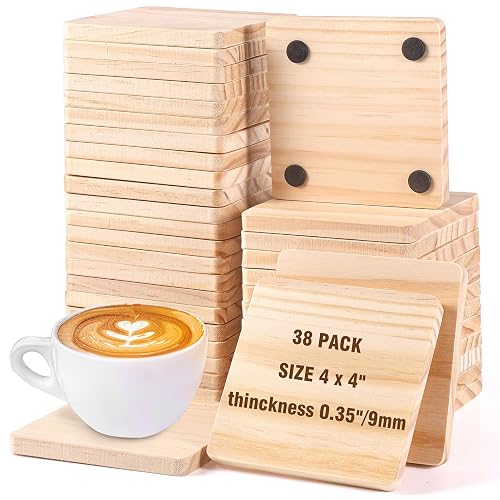 38 Pack Unfinished Wood Coasters - 4 Inch Square Blank Wooden Coasters ...