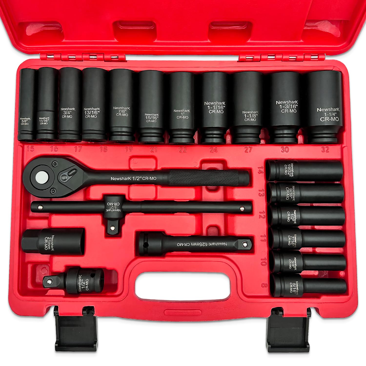 22 Pcs 1/2-Inch Drive SAE Deep Impact Socket Set,Cr-MO,6-Point,Includes Extension Bar,Universal ...