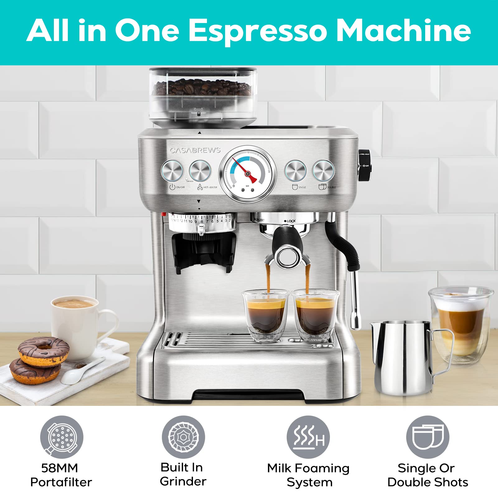 Mua CASABREWS Espresso Machine With Grinder, Professional Espresso Maker With Milk Frother Steam ...