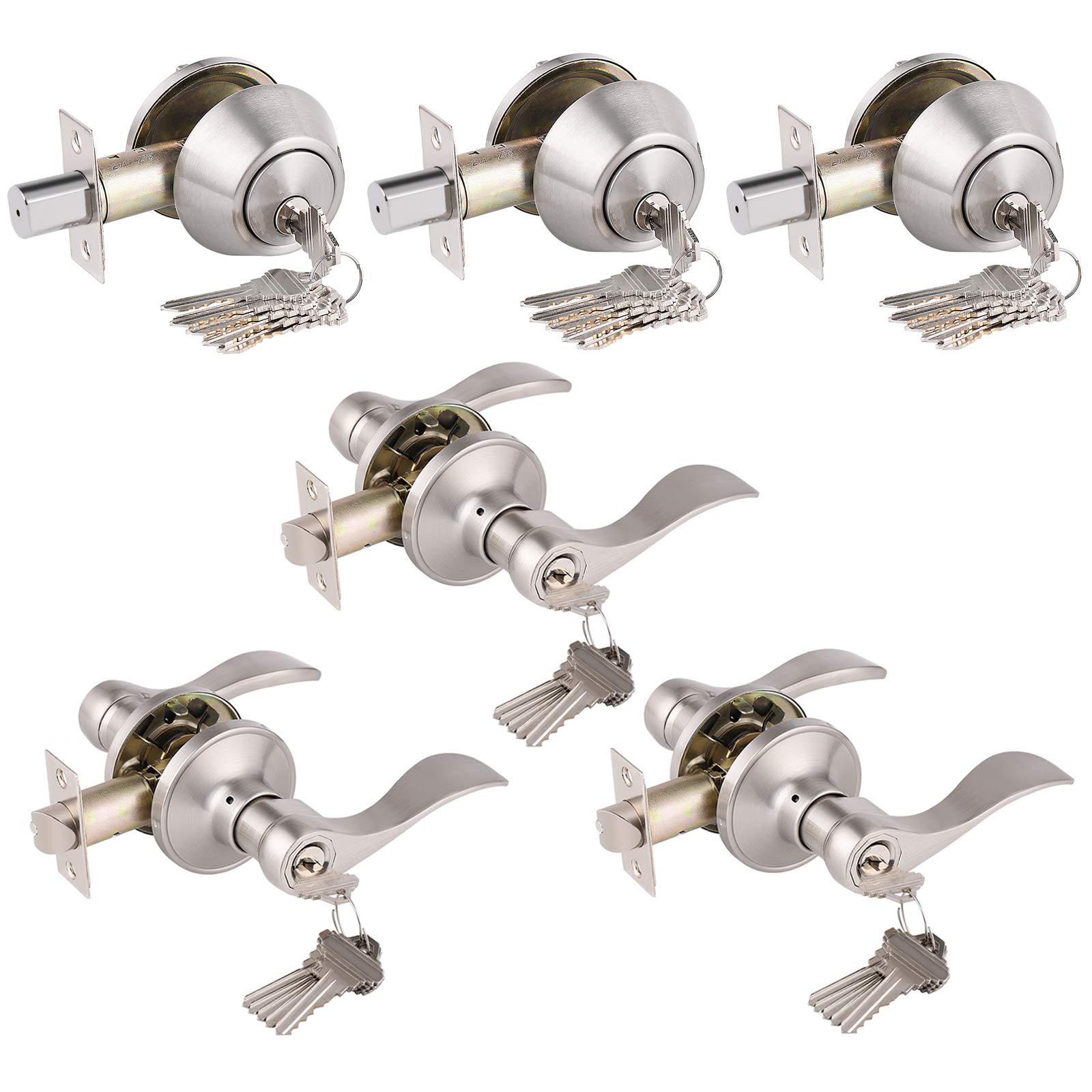 Gobrico Wave Entry Door Levers and Double Cylinder Deadbolt Combination ...