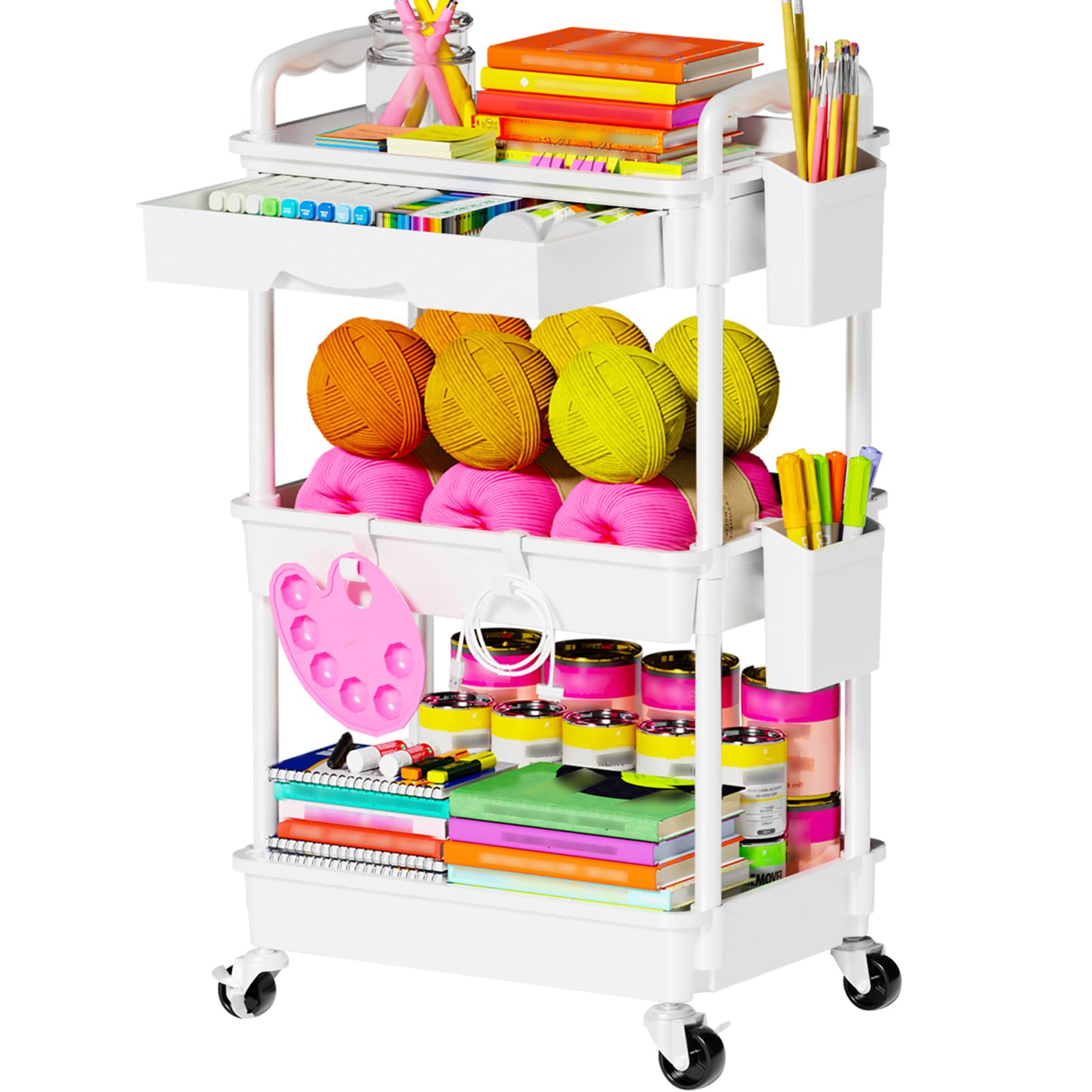 EaseSky 3-Tier Rolling Cart with Drawer & Lockable Wheels, Plastic ...