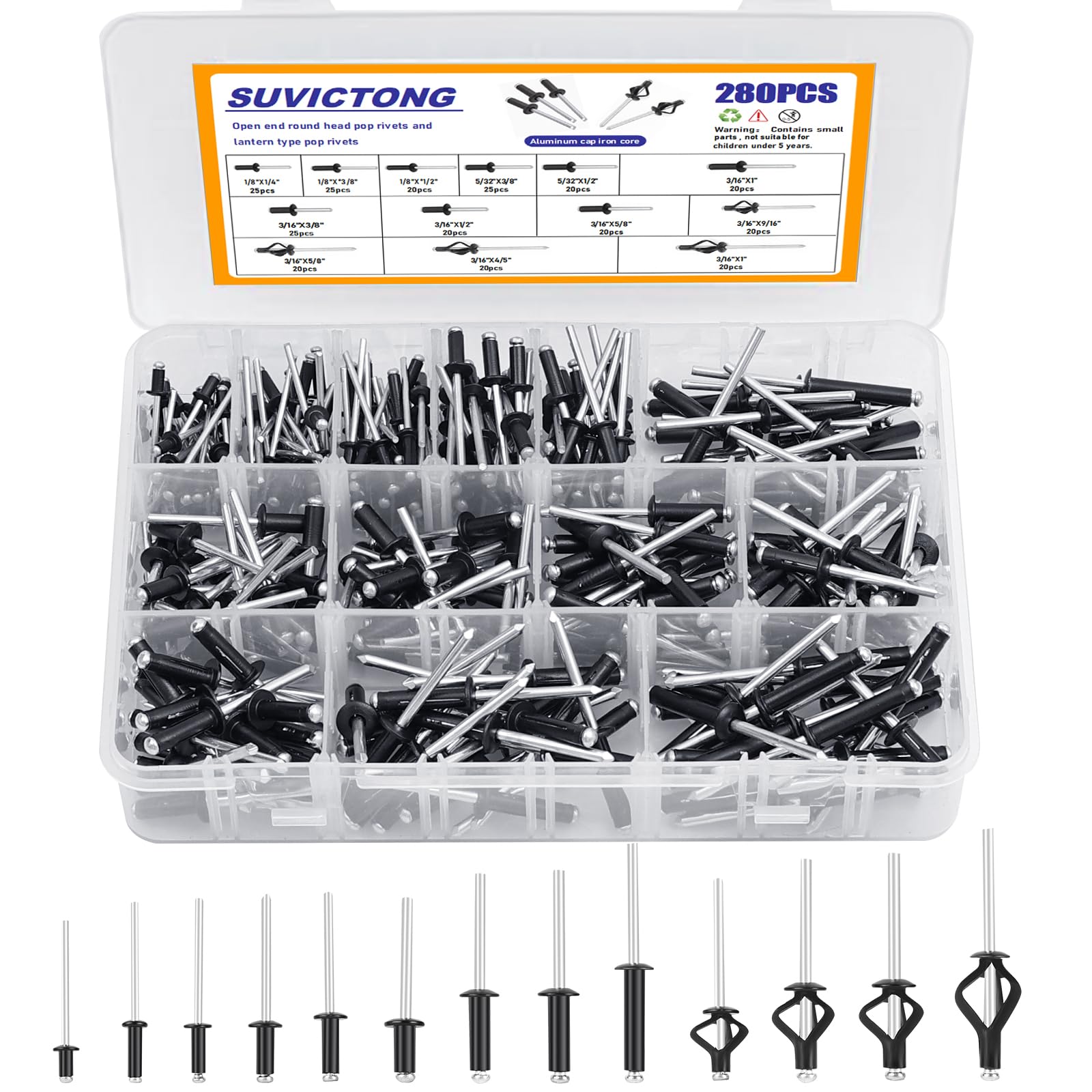 280pcs Black Pop Rivets Assortment Kit, SUVICTONG Aluminum Blind Rivets ...