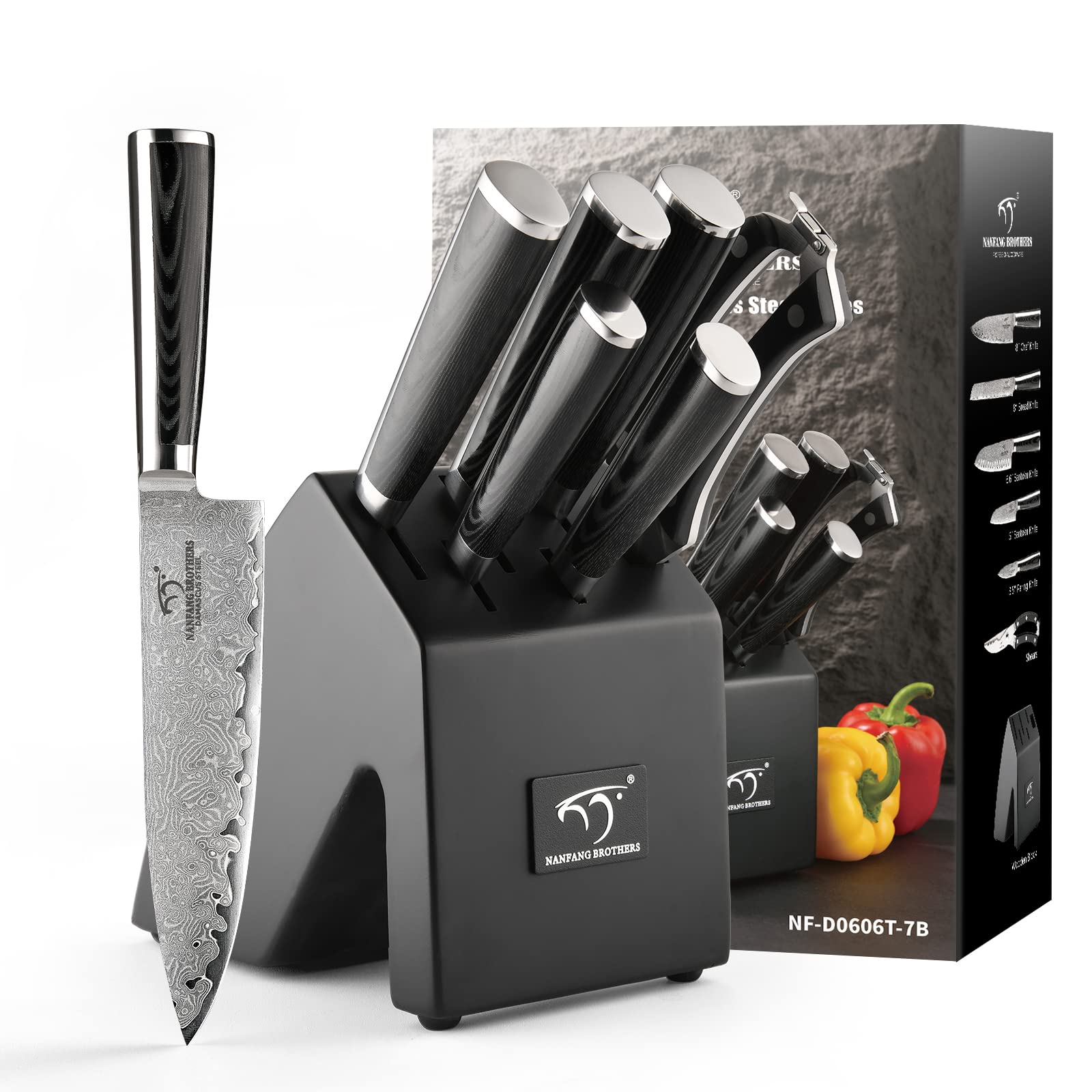 NANFANG BROTHERS 7 Pieces Damascus Kitchen Knife Set with Block, ABS ...