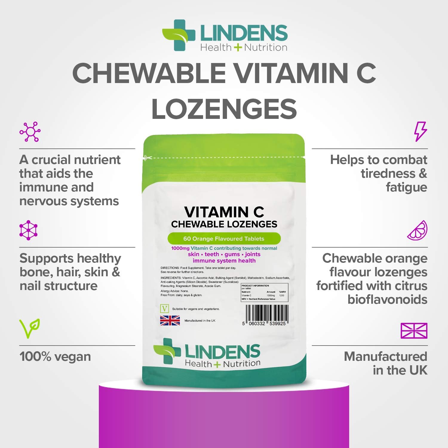 Lindens Vitamin C 1000mg Chewable Lozenges | 60 Pack | High-Strength ...