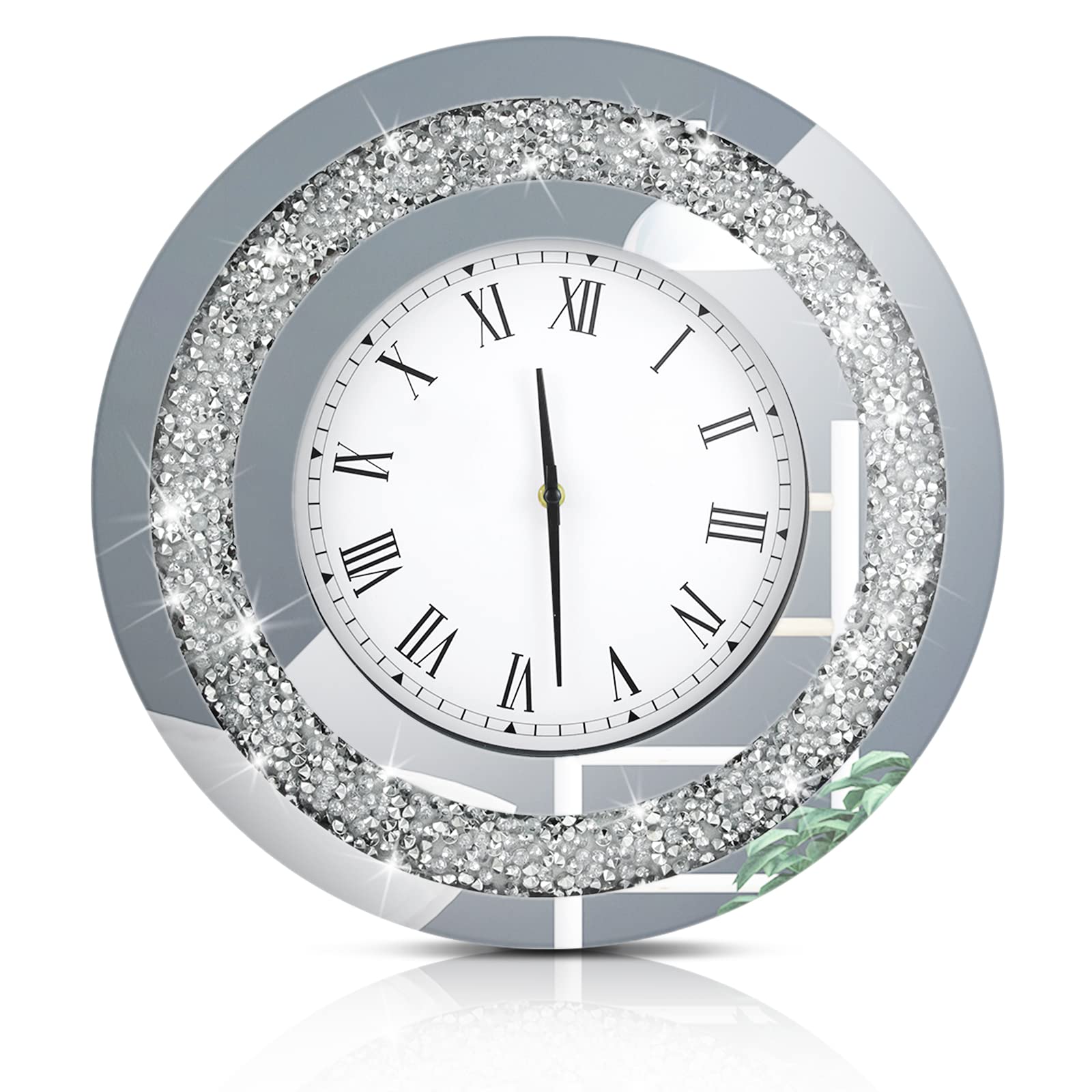 Laumoi Silver Round Mirror Clock Crystal Crush Diamond Mirrored Sparkle ...