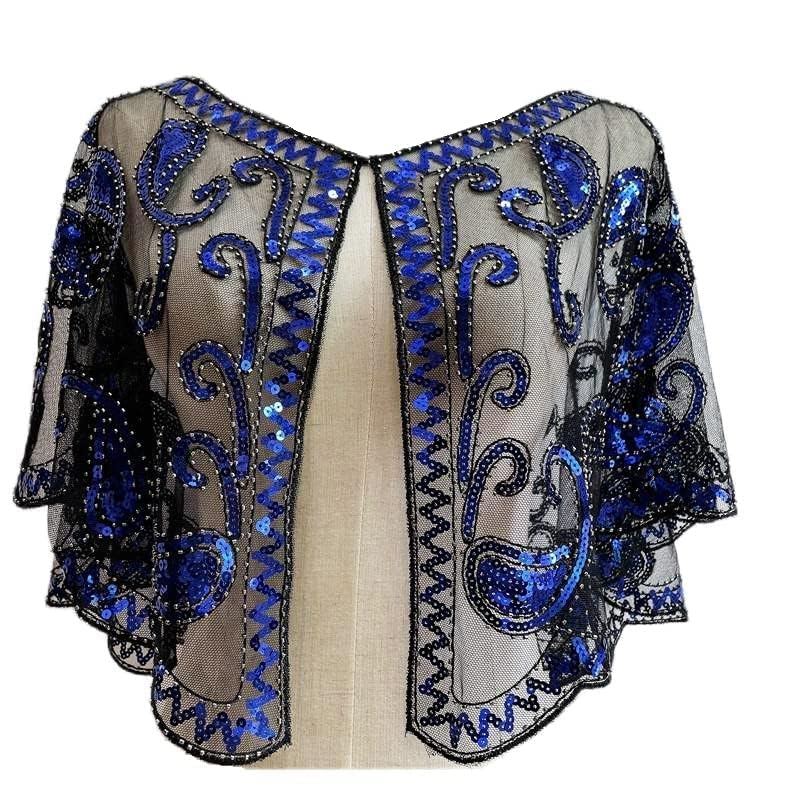 Black Royal Blue Sequin Shawl, 1920s Black Royal Blue Flapper Shawl ...