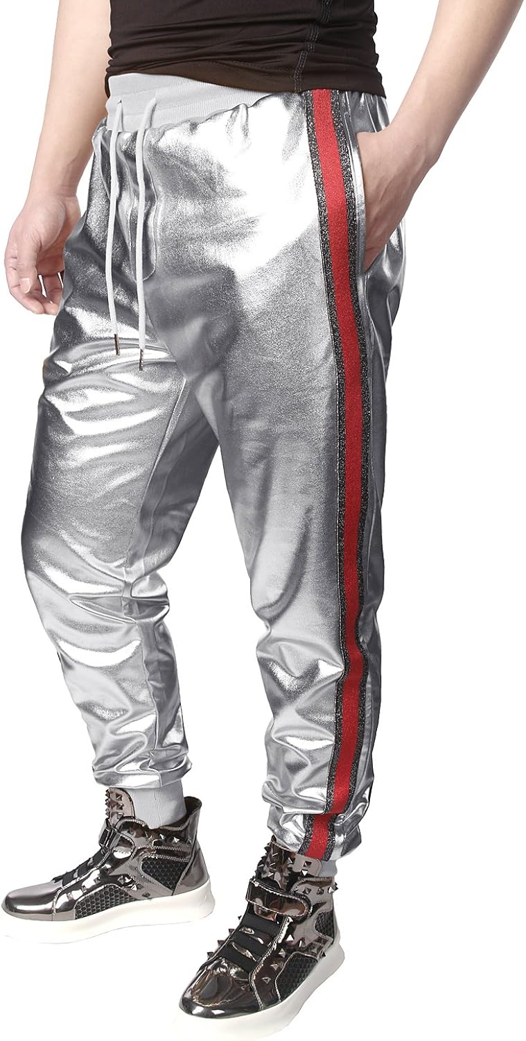 JOGAL Men Metallic Shiny Joggers Casual Drawstring Sweatpant Small A331 ...