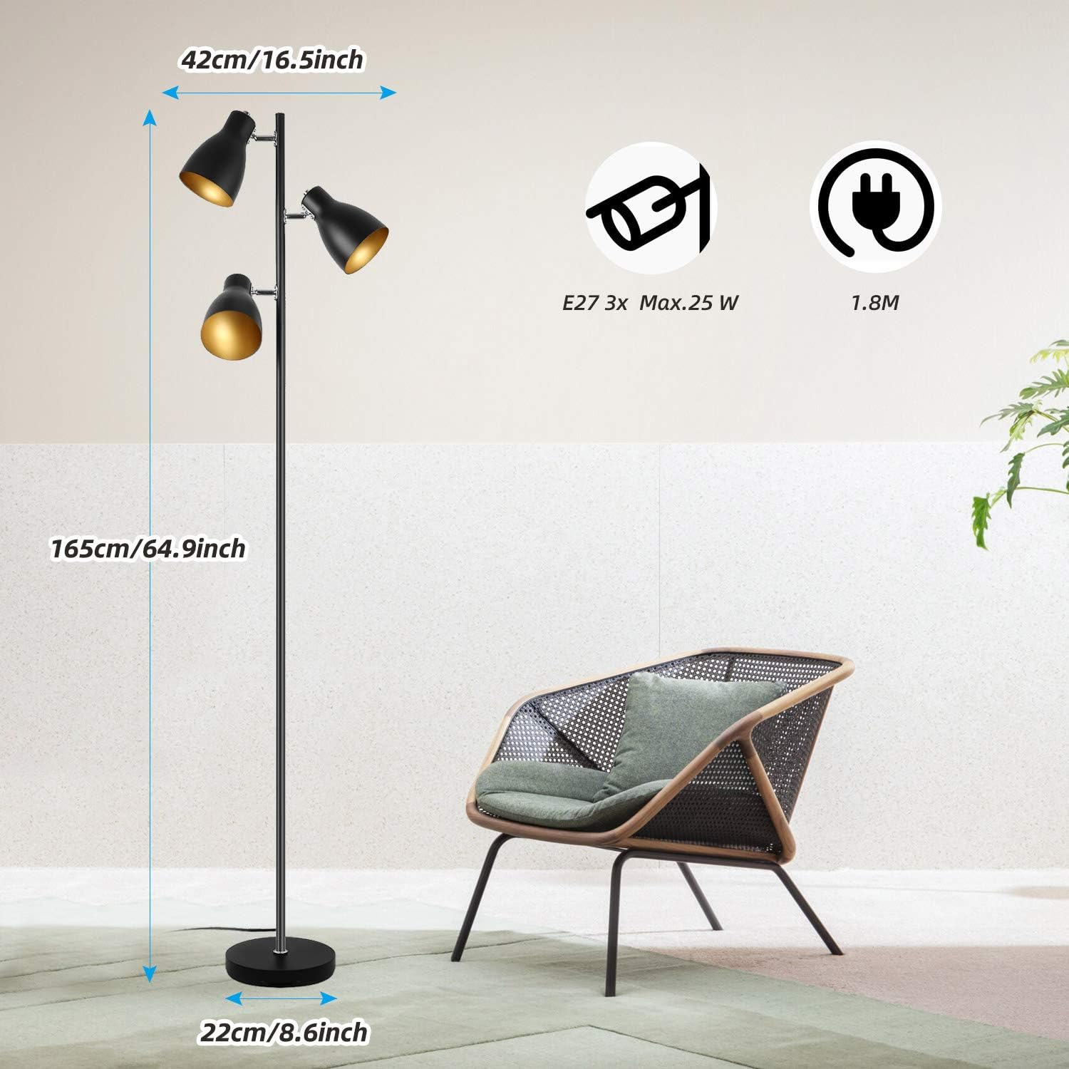 Eusamxon 3 Lights Floor lamp Rotatable for Living Room,Retro Industrial ...