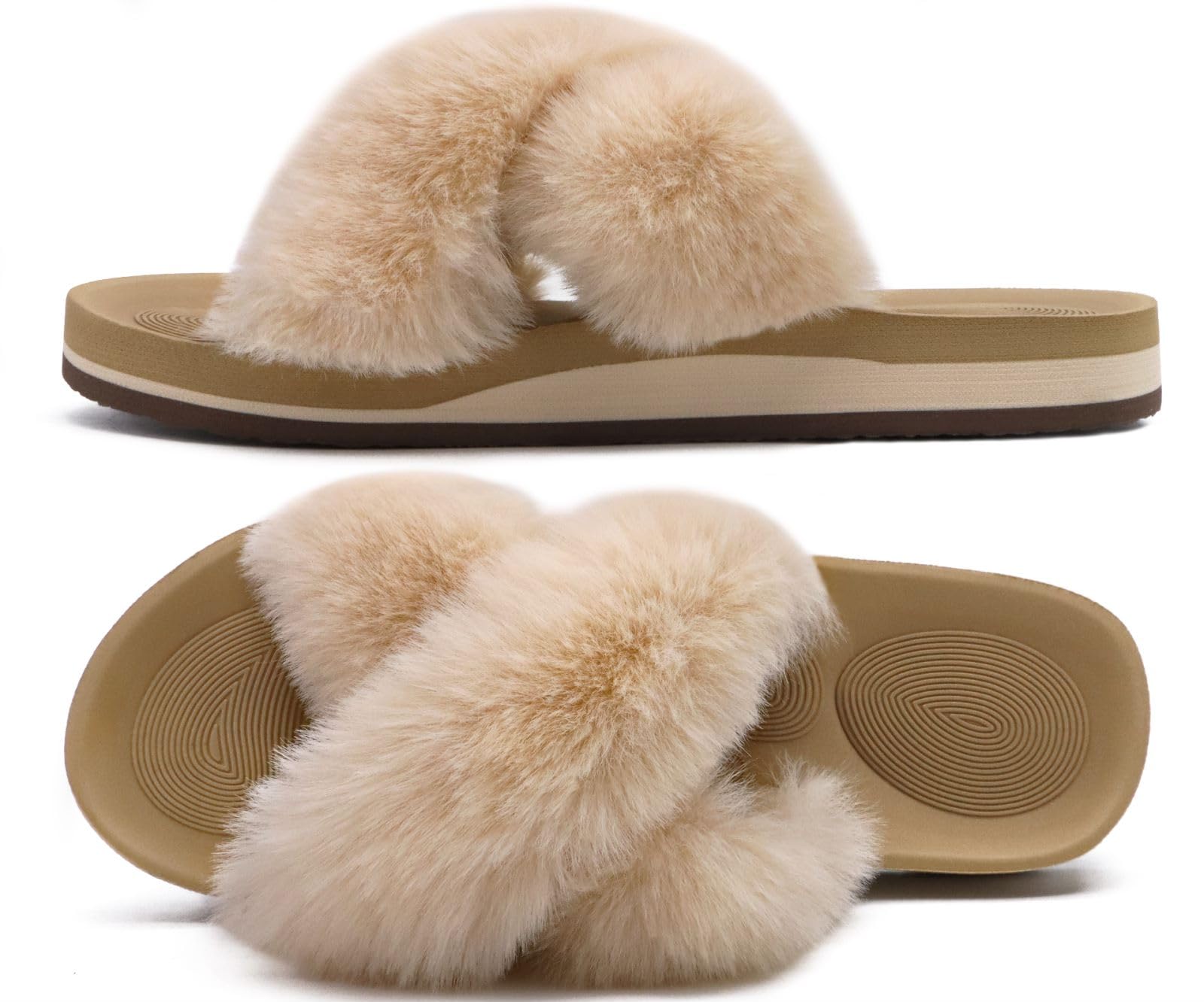 COFACE Women’s Slippers Fuzzy Fluff Fax Fur Slides Slippers Ladies Open ...