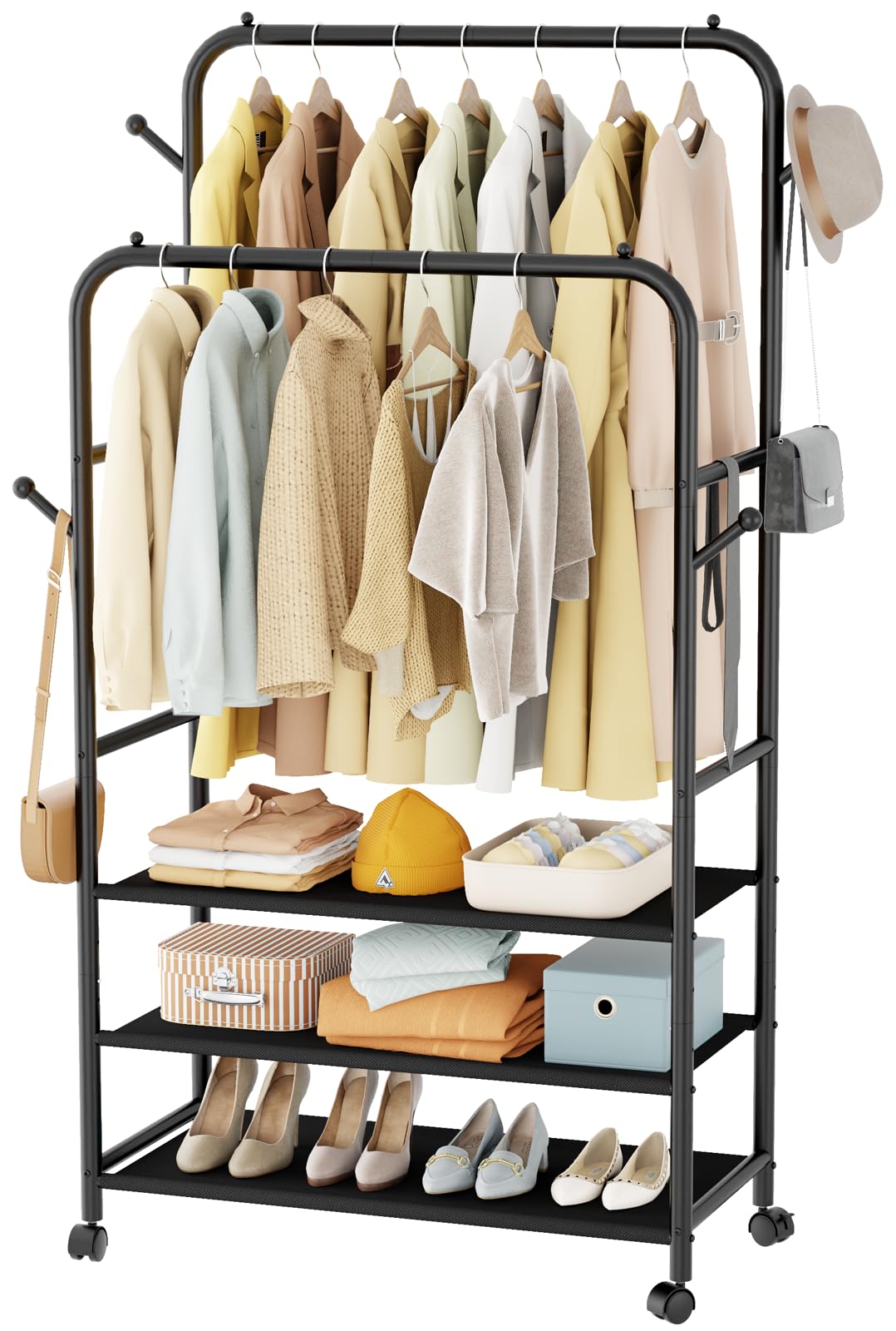 Furologee Double Rods Clothing Rack with Wheels and 3-Tier Storage ...