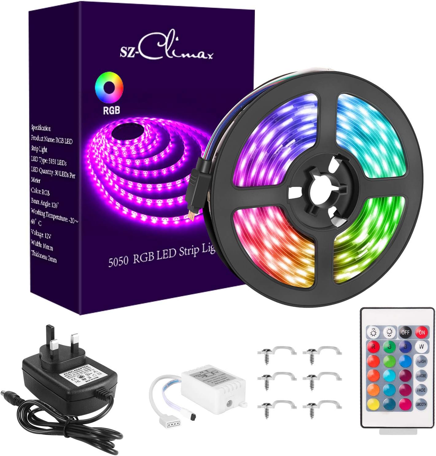 SZ-Climax 5M RGB LED Strip Lights Kits, 12V 16.4ft Colour Changing ...