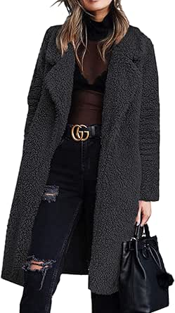 Angashion Women's Fuzzy Fleece Lapel Open Front Long Cardigan Coat Faux Fur Warm Winter Outwear ...