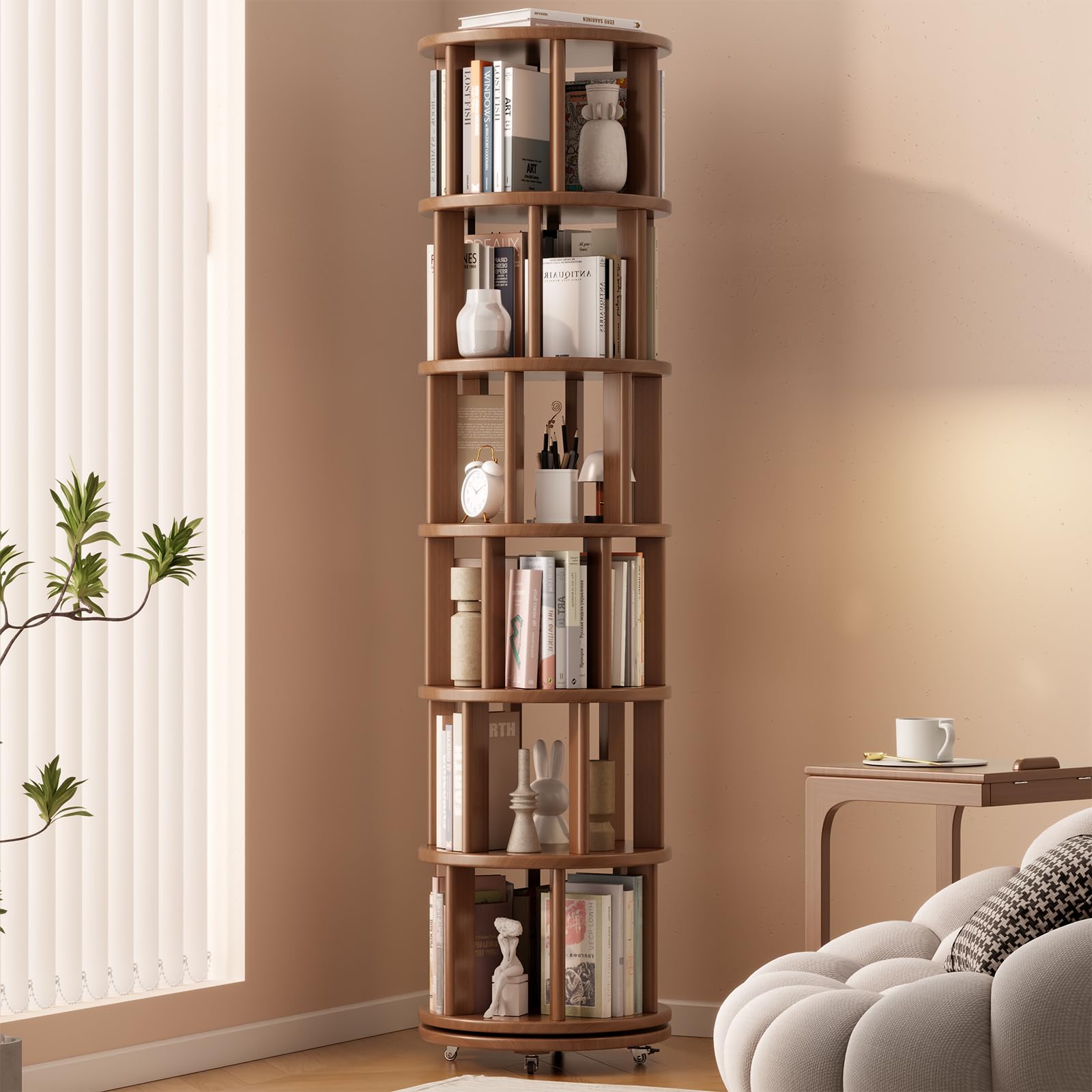 KASLANDI Solid Wood Rotating Bookshelf with Brake Wheels, 360° Display ...