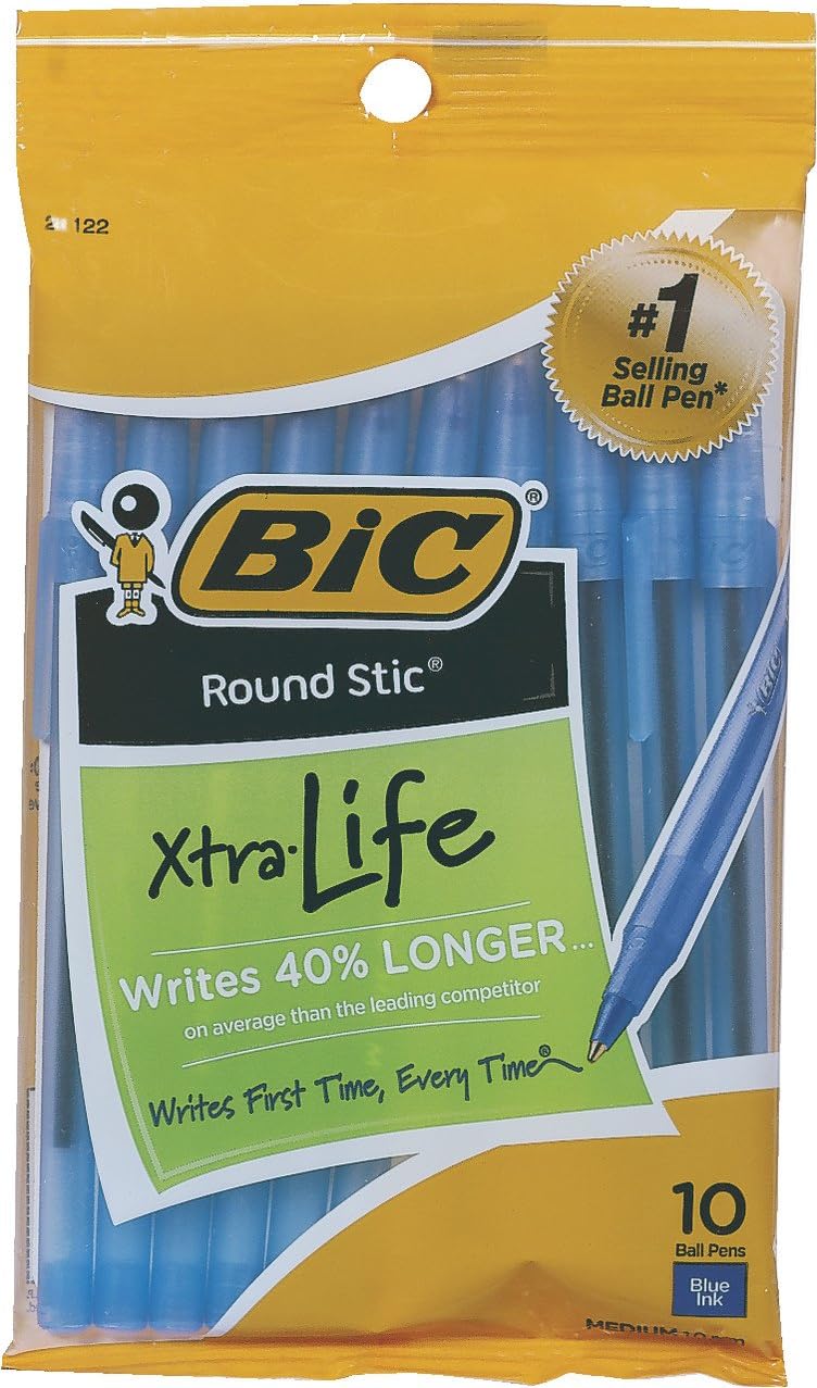 Amazon.com : Bic Round Stic Xtra Life Medium Ballpoint Pen, Blue Ink 10 ea : Office Products