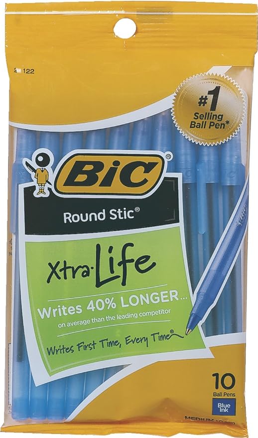Amazon.com : Bic Round Stic Xtra Life Medium Ballpoint Pen, Blue Ink 10 ea : Office Products