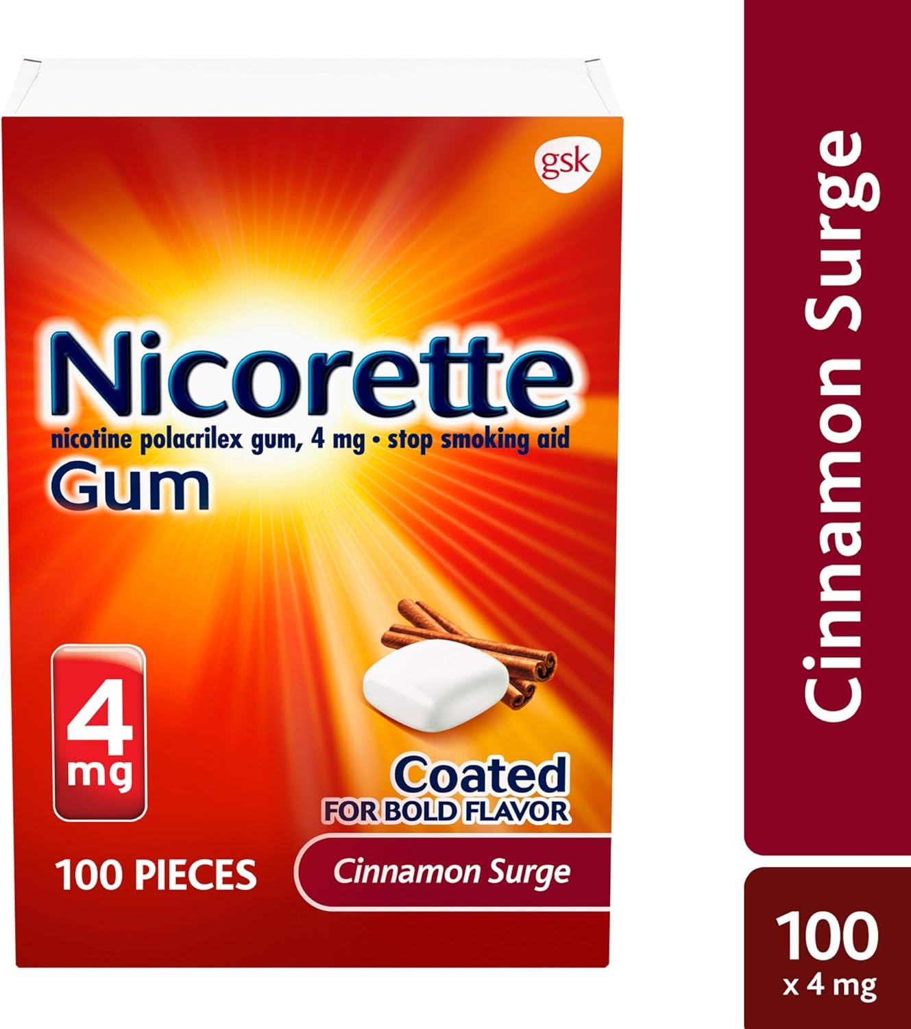 Nicorette Nicotine Polacrilex Gum, Cinnamon Surge, 4mg, 100 Count Box ...