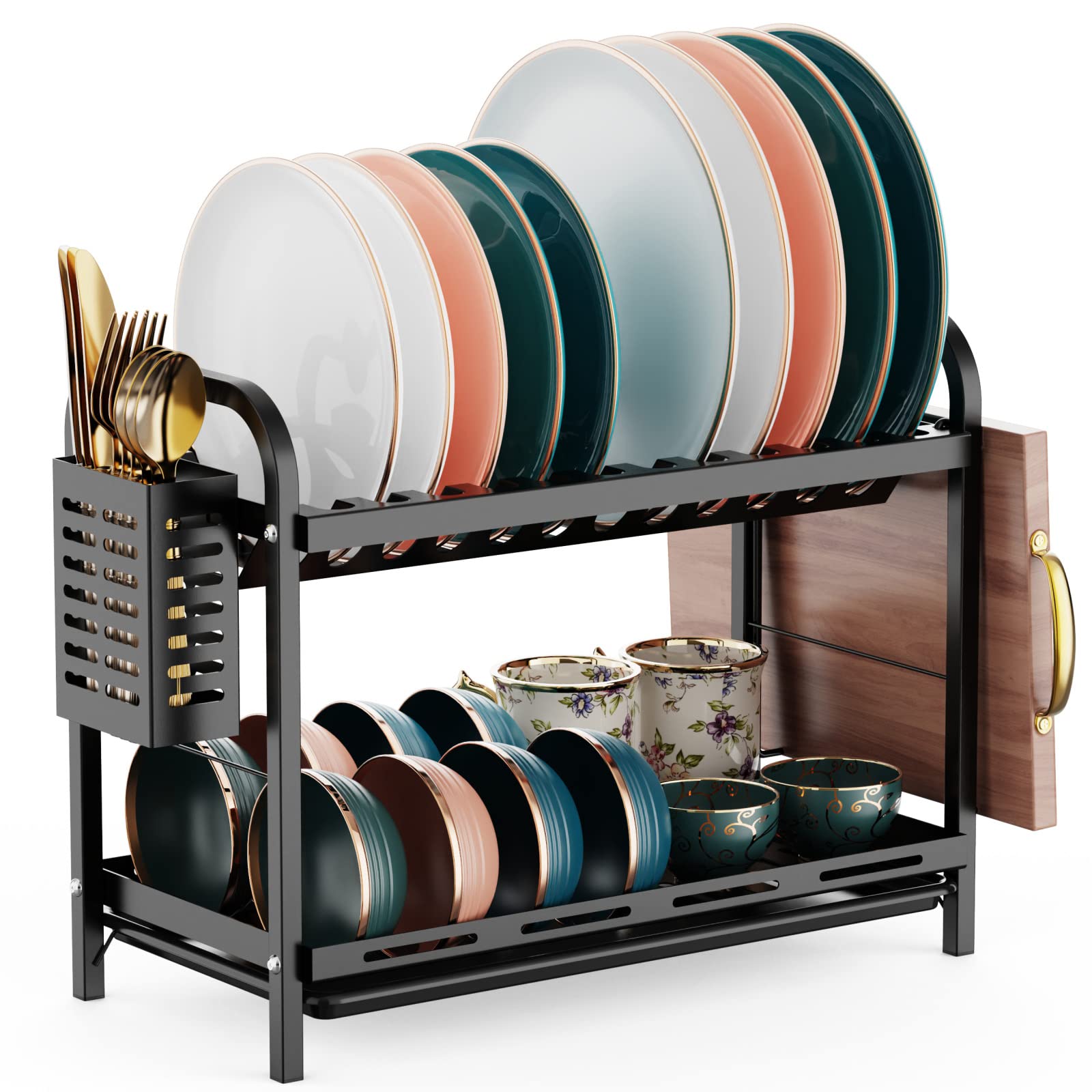 GSlife Dish Drying Rack, 2 Tier Rust-Resistant Dish Rack with Drainboard Compact Sturdy Dish ...