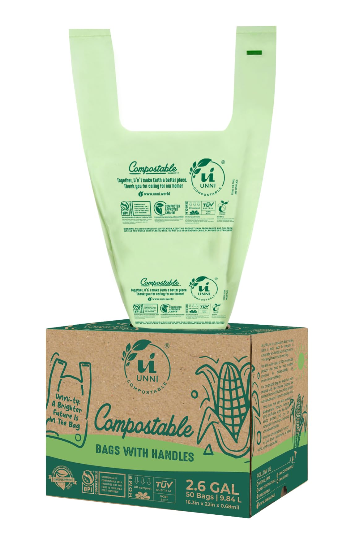 Mua UNNI Compostable T-Shirt Bags with Tie Handles, 2.6 Gallon / 9.84 ...