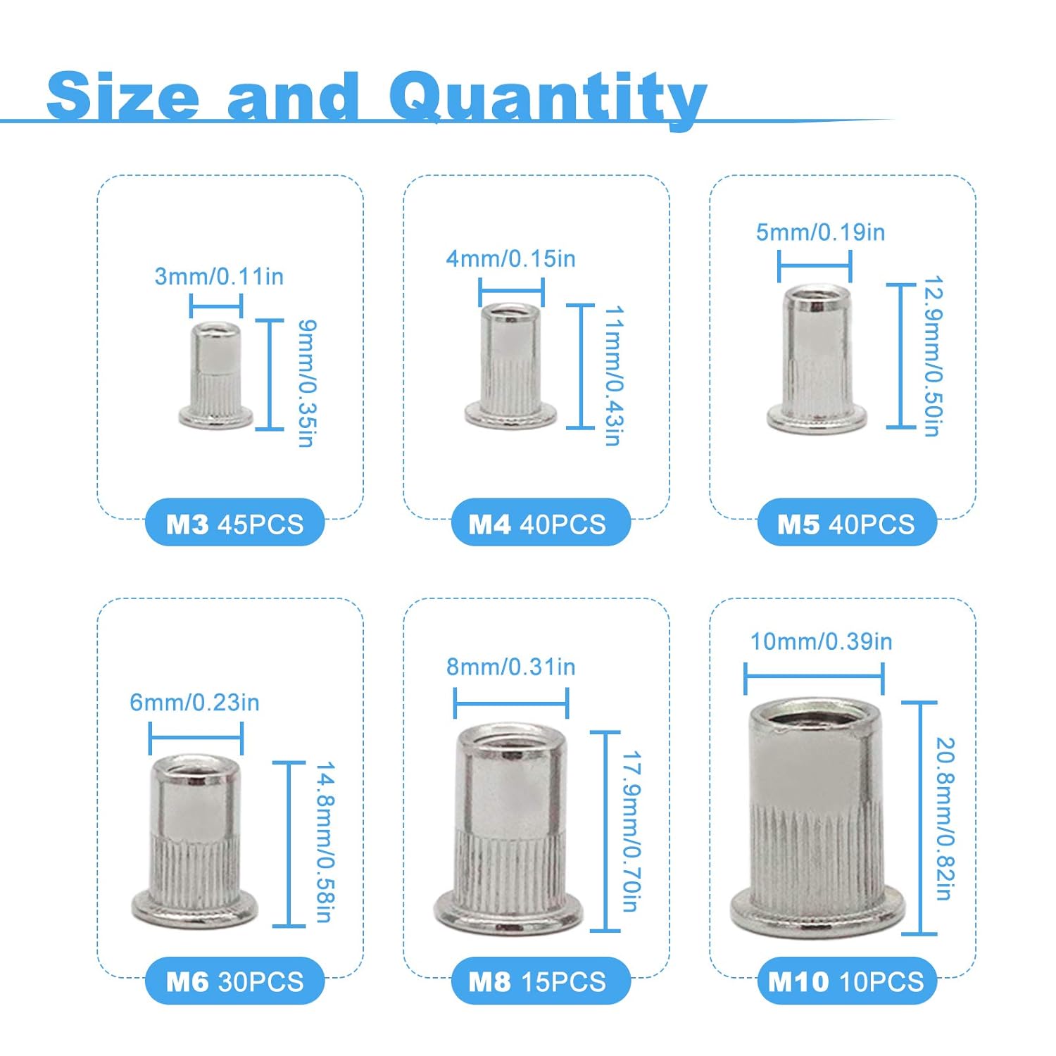 XTVTX 180PCS Flat Head Threaded Blind Rivet Nut Insert Screw 304 Stainless Steel M3 M4 M5 M6 M8 ...