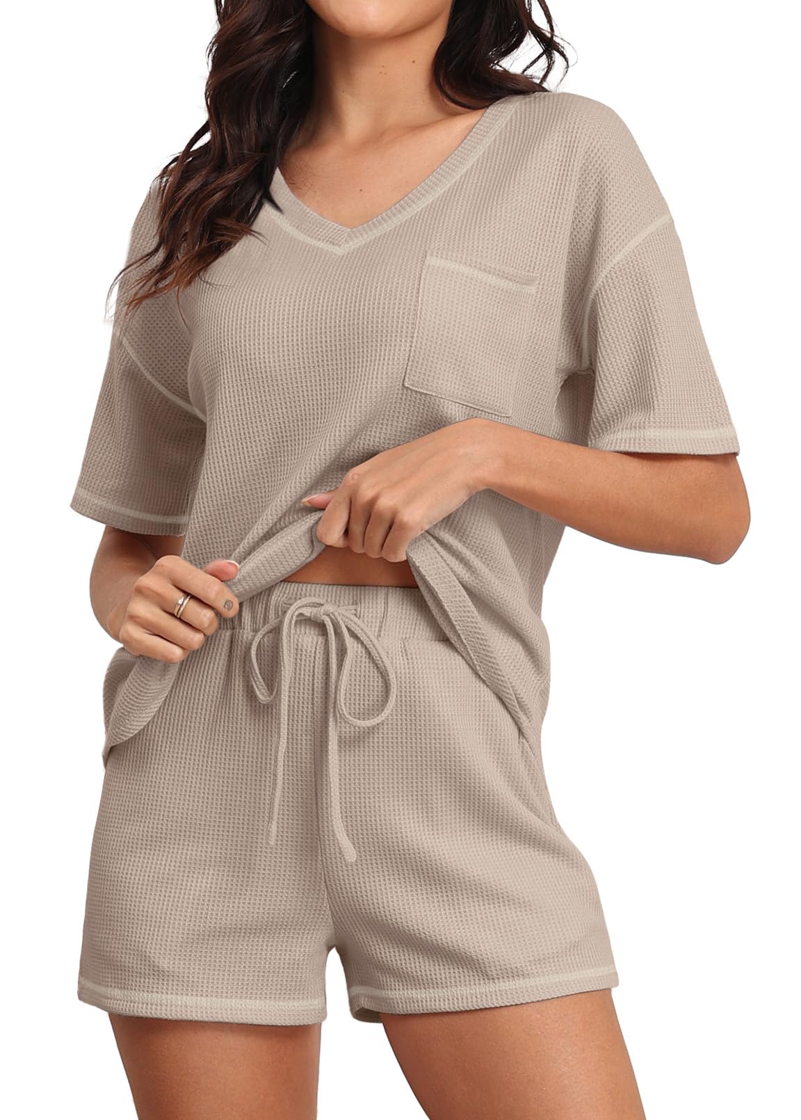 PrinStory Women's Waffle Knit Pajamas Set Short Sleeve Top and Shorts ...