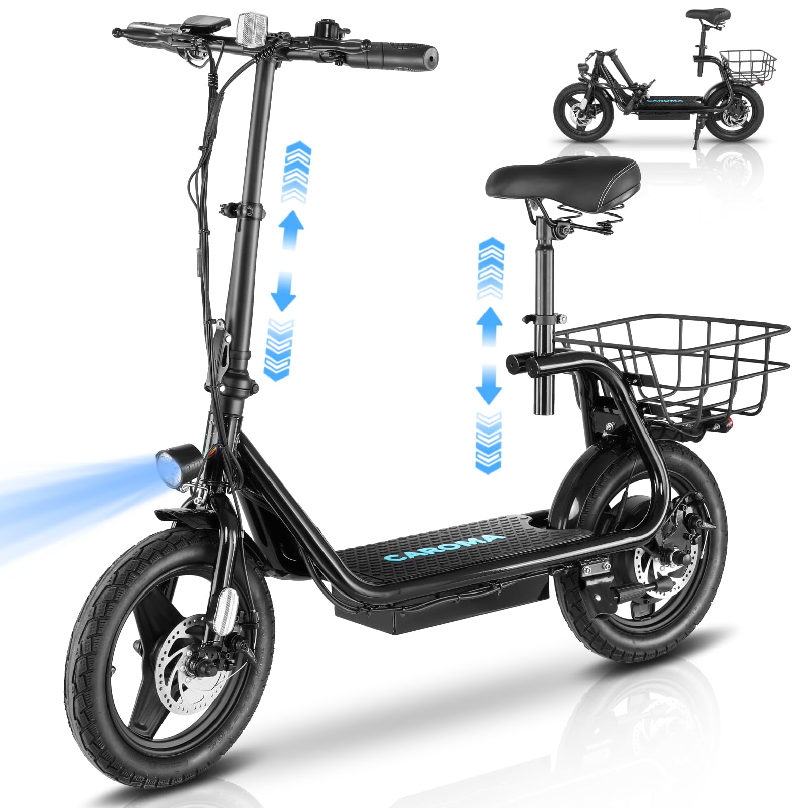 Caroma Electric Scooter with Seat, 560W/819W/1200W Peak Motor, 15/25/30 Miles Range, 20Mph Top ...