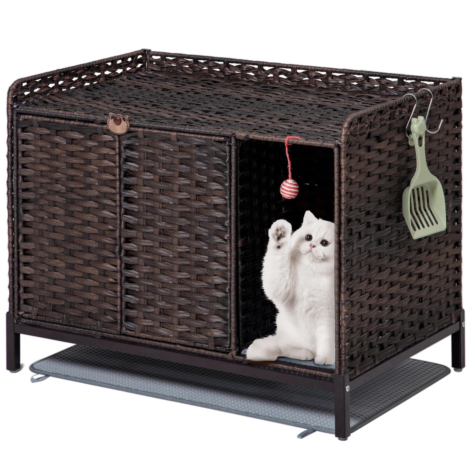 Setvson Cat ter Box Enclosure Furniture with Divider, Handwoven Rattan ...