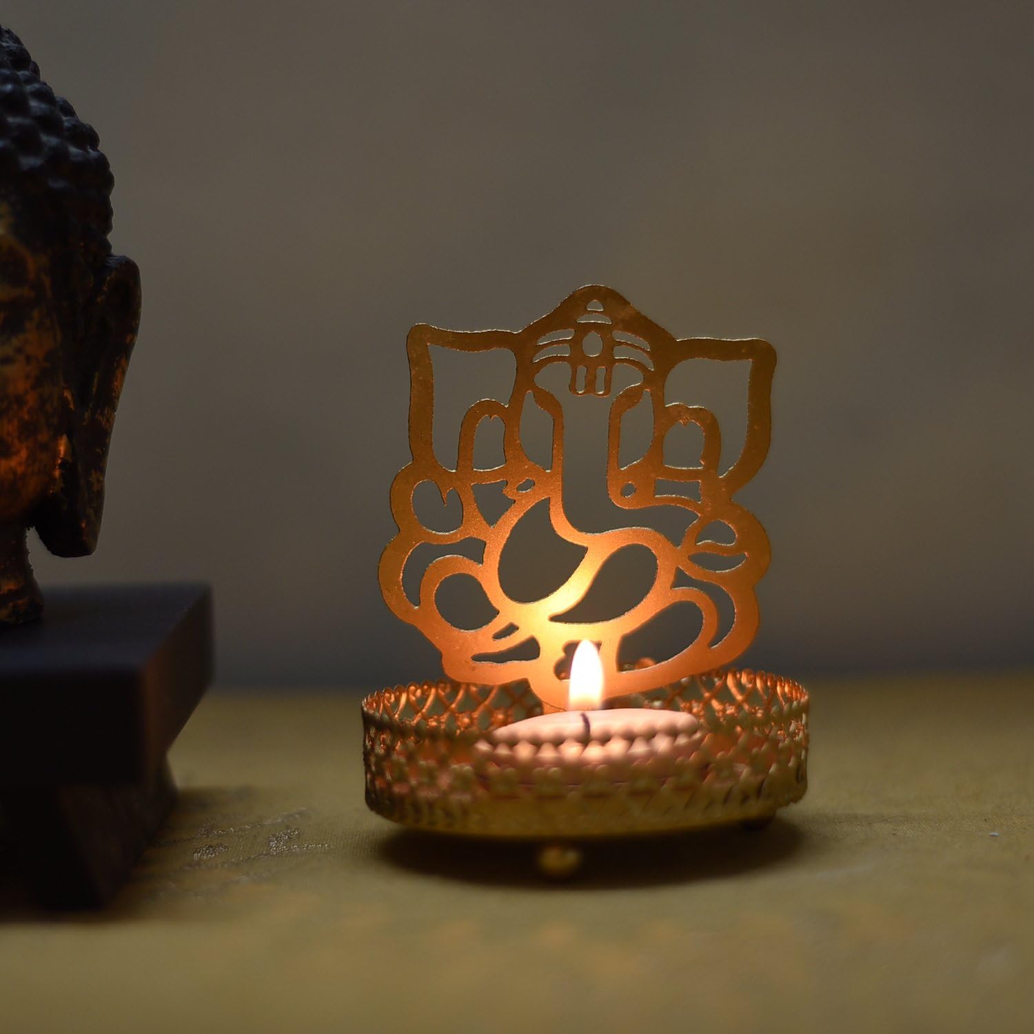 eCraftIndia Shadow Ganesh Ji Metal Tea Light Holder (8 cm x 8 cm x 11 ...