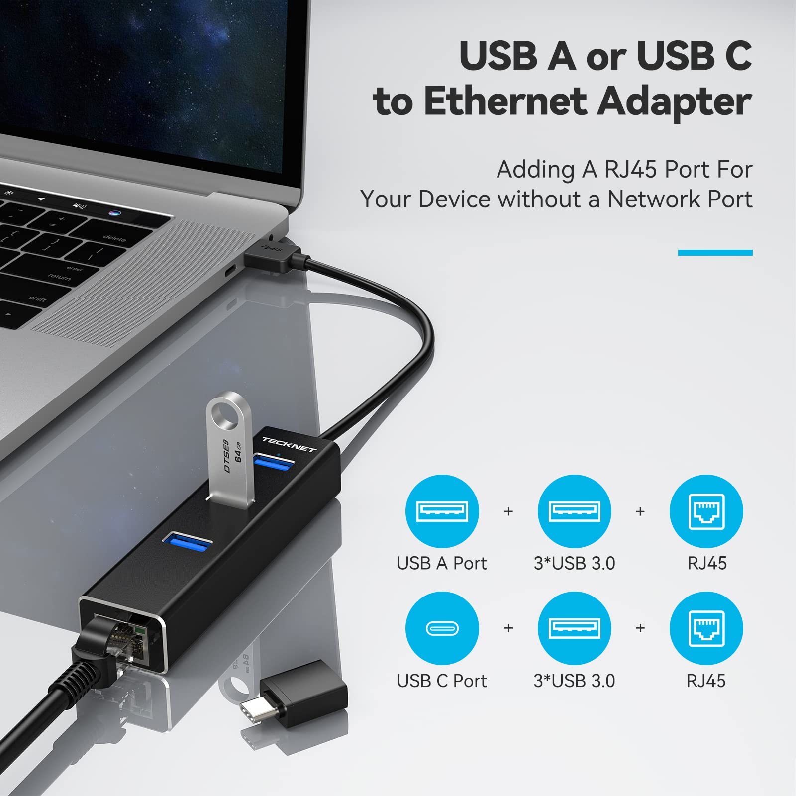 TECKNET USB to Ethernet Adapter, USB C to Ethernet, Aluminum 3 Port USB 3.0 Hub with RJ45 10/100 ...