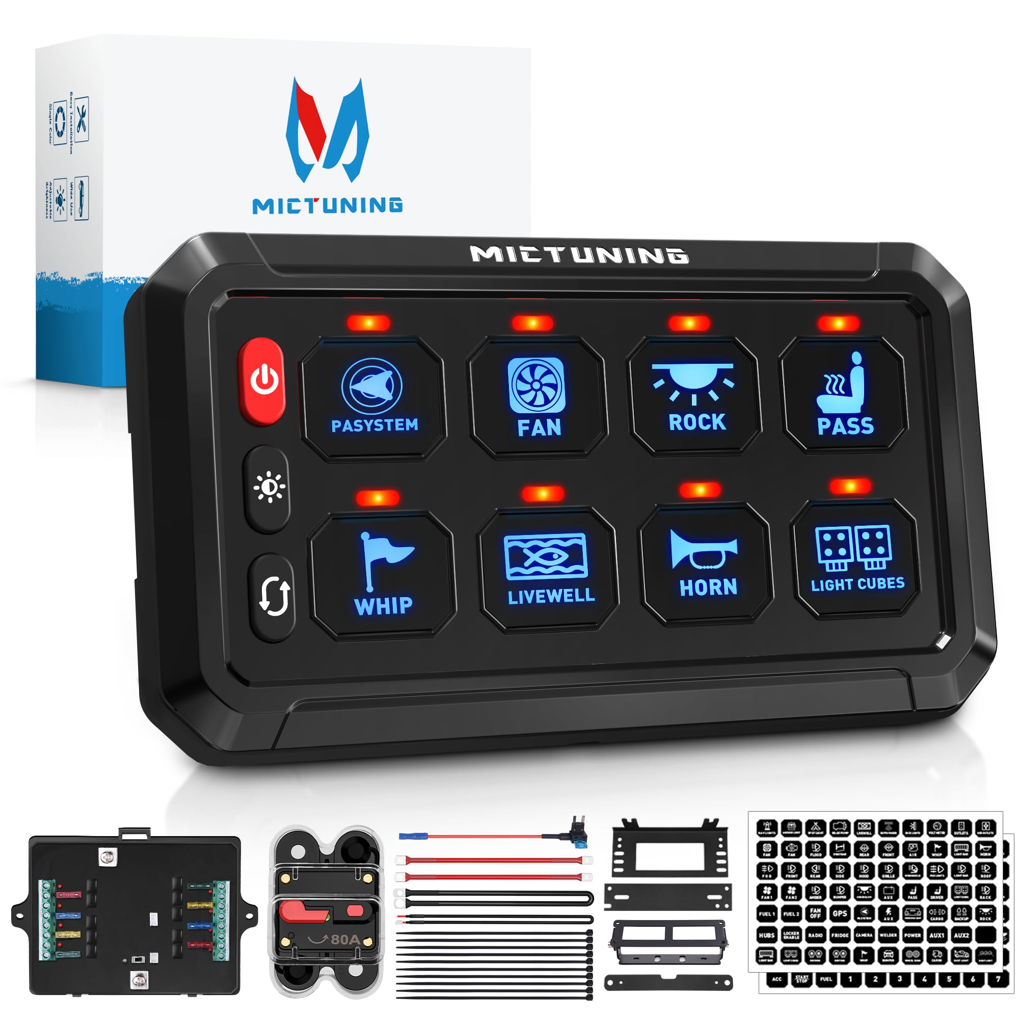 MICTUNING 8 Gang Switch Panel P1S-B08 Blue 60Amp 720/1440W Toggle/Touch ...