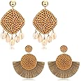 Amazon.com: Rattan Shell Earrings Boho Handmade Tassel Woven Straw Wicker Drop Earring Shell ...