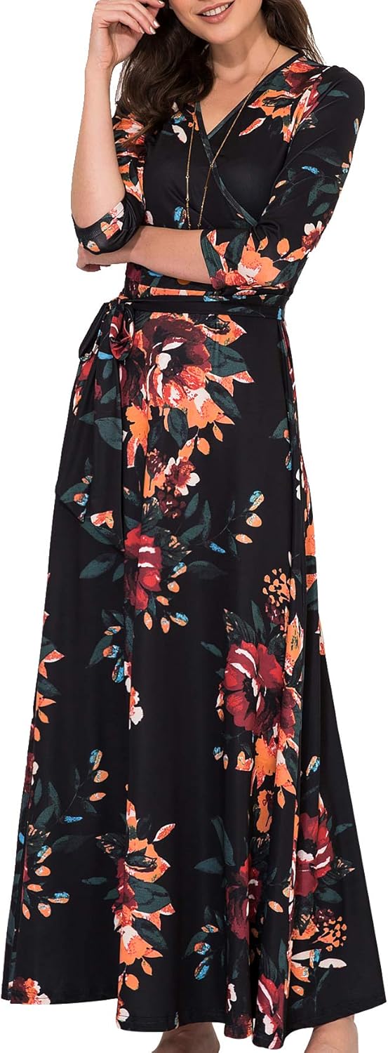 Aphratti Women's Casual Fall Dress 3/4 Sleeve Faux Wrap Long Maxi Dress ...