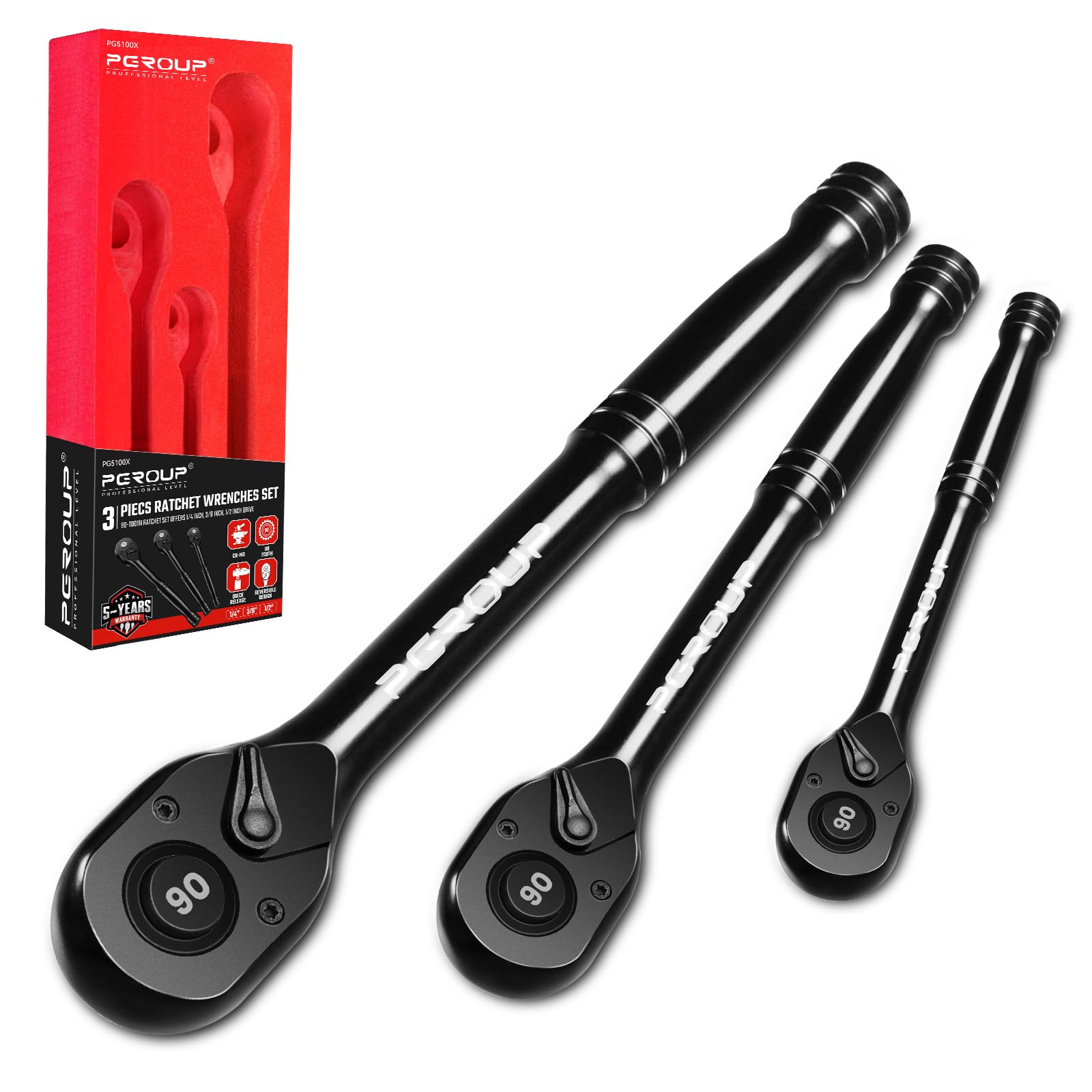 pgroup 3-Piece 90 Tooth Ratchet Wrench Set, 1/4”, 3/8”, 1/2” Drive ...