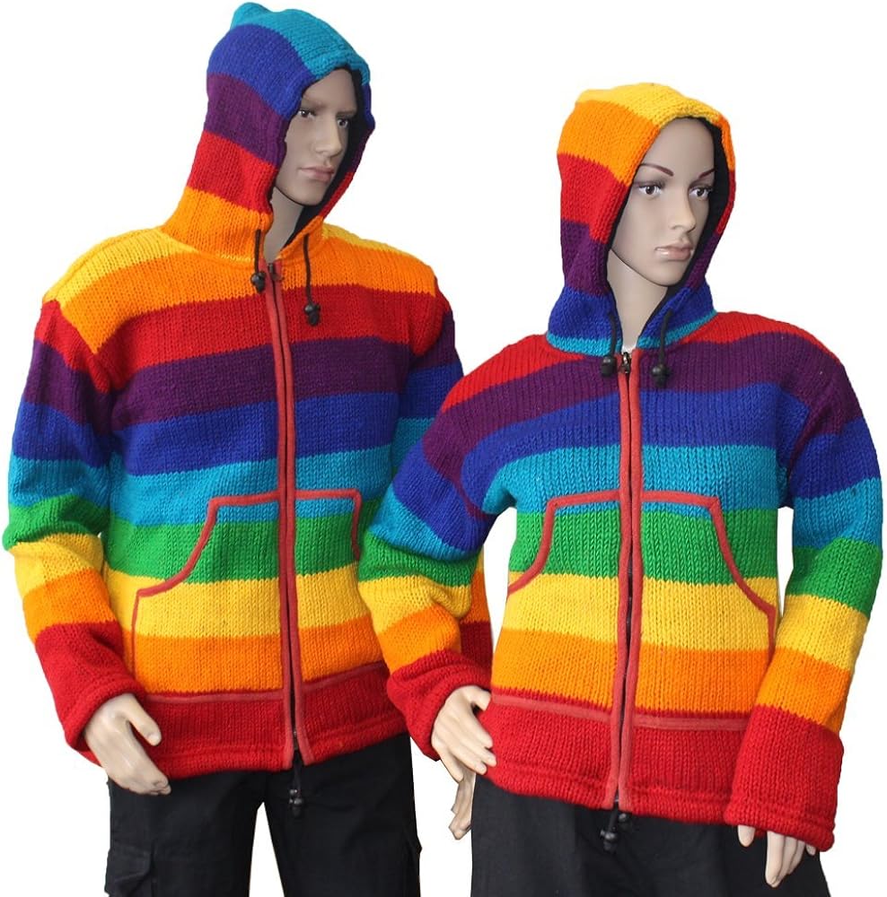 Unisex Handmade Nepalese Rainbow Striped Wool Hoodie - Fleece Lined ...
