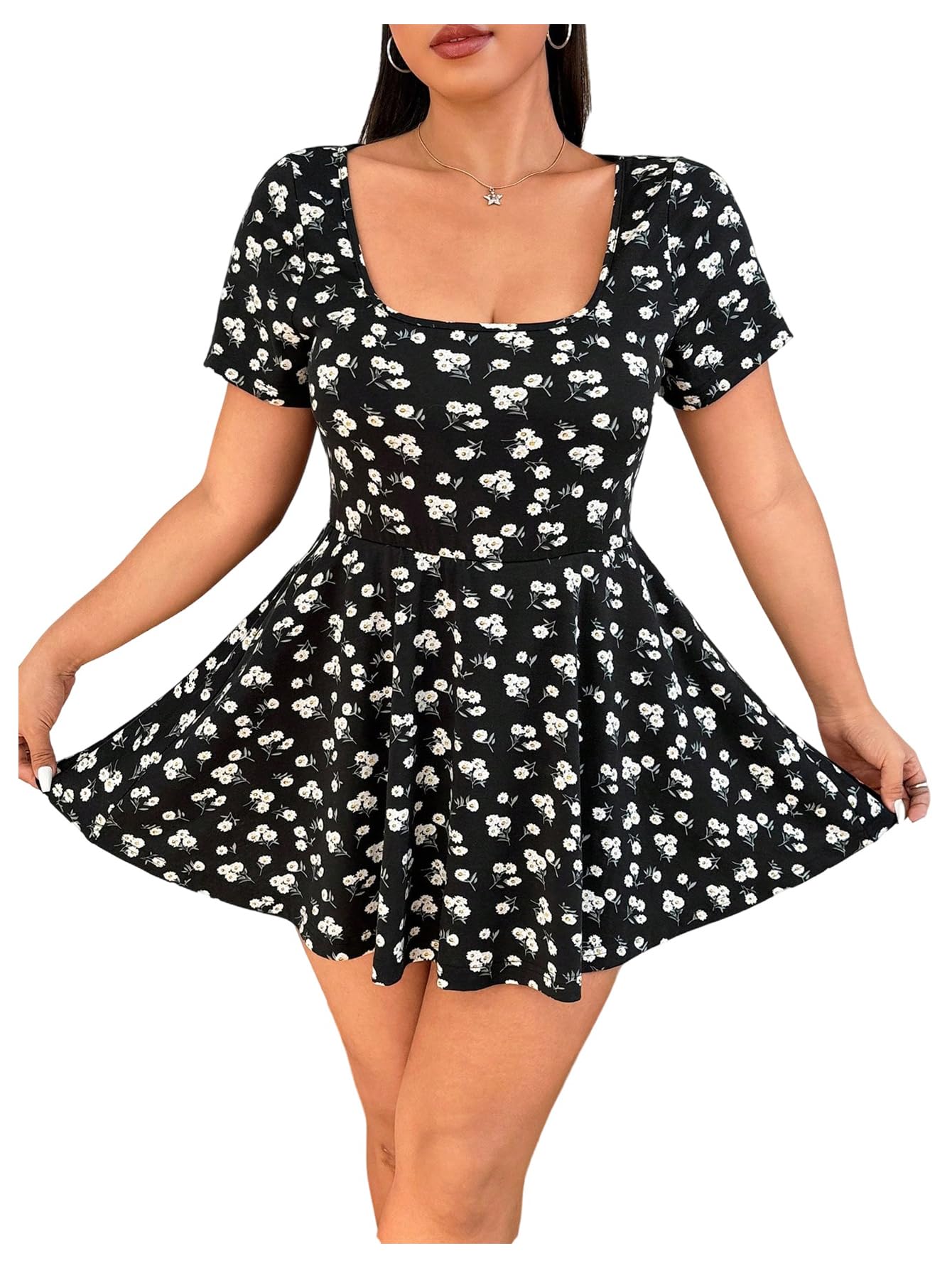 WDIRARA Women's Plus Size Leopard Print Dress Square Neck Short Sleeve ...
