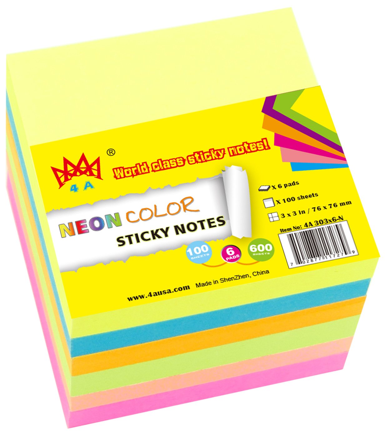 Amazon.com : 4A Sticky Notes, 3 x 3 Inches, Neon Assorted, Self-Stick ...