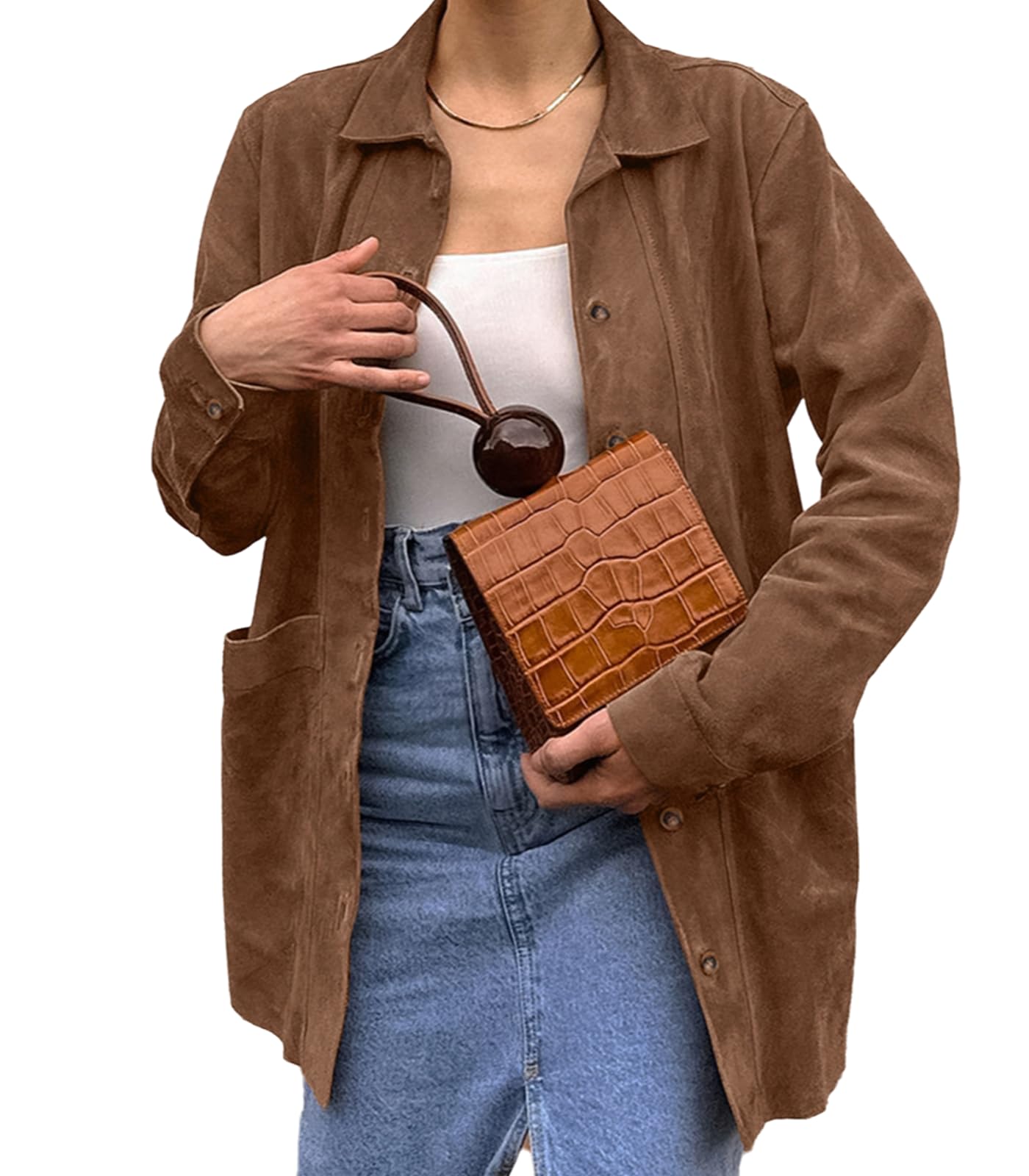 VOIKERDR Women's Brown Faux Suede Shacket, Long Sleeve, Loose Fit, 2 ...