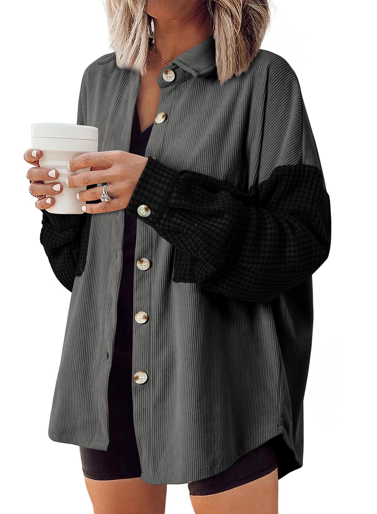 Astylish Women 2024 Waffle Knit Shacket Jacket Casual Long Sleeve Coat ...