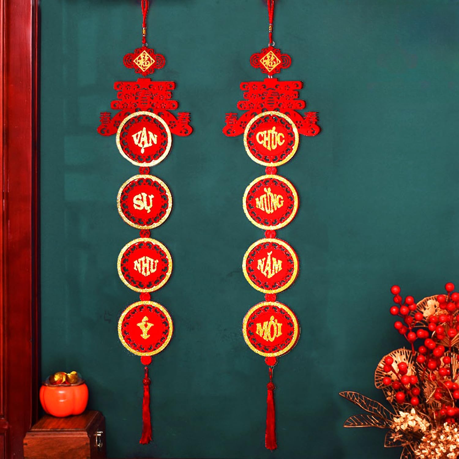 LOONELO Vietnamese New Year Red Hanging Couplets, 2025 Asian Spring Festival Proch Banner for T ...
